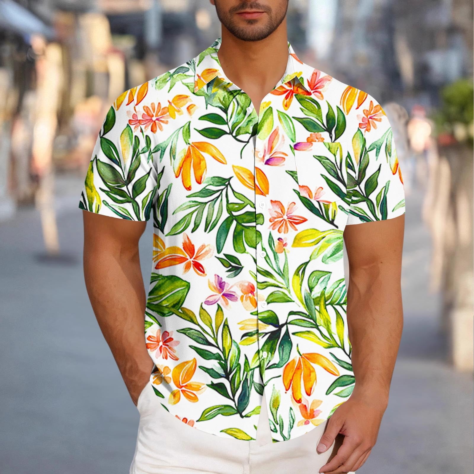 Horkkom Mens Summer Shirts with Pocket Short Sleeve Button Up Hawaiian ...