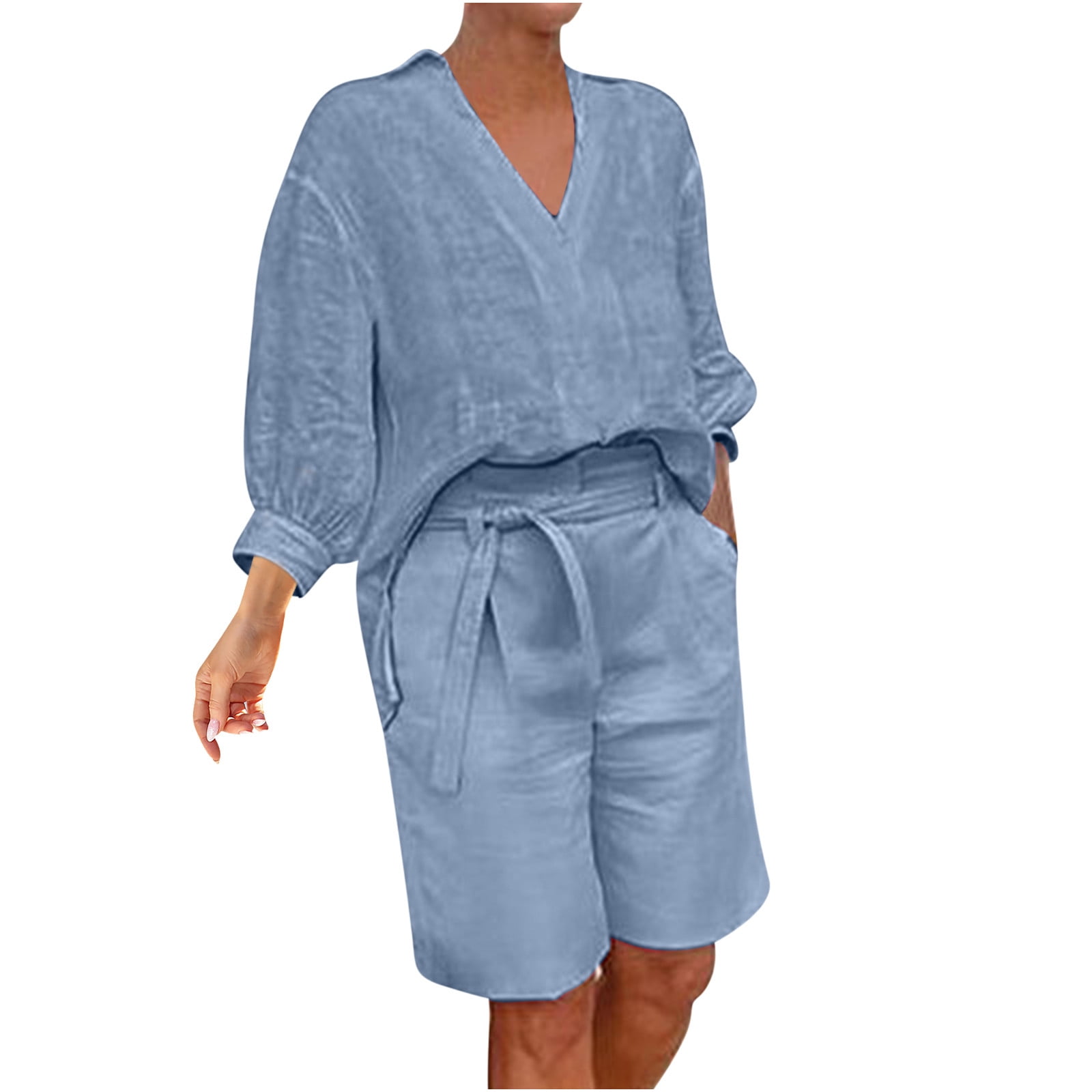 Summer Savings Clearance! Dezsed Women's 2 Piece Shorts Set Long Sleeve ...