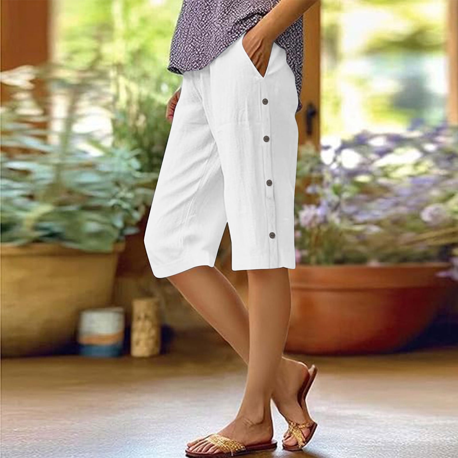 LADIGASU Women's Solid Color Shorts Summer With Side Buttons Pockets ...