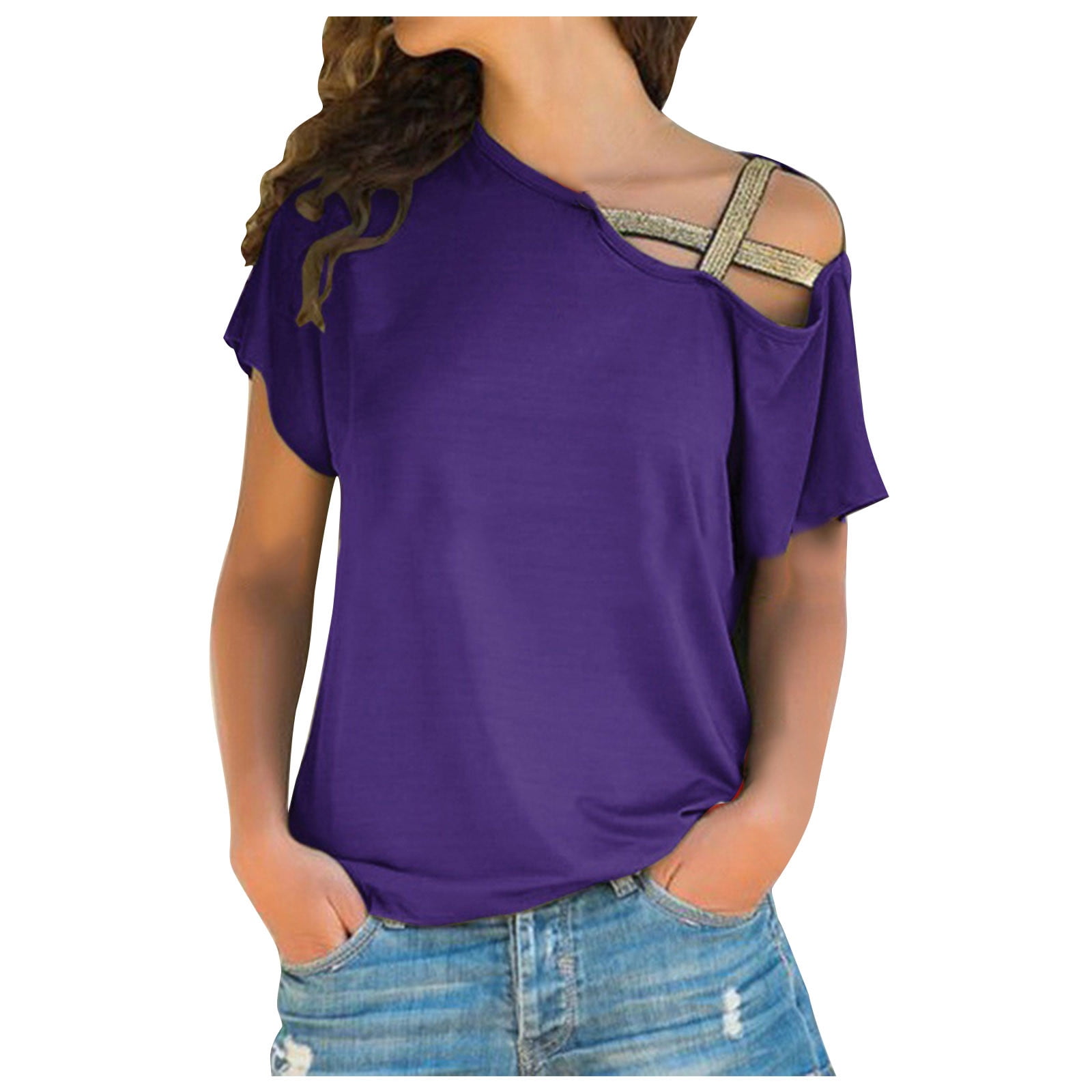 Npasoilc Off Shoulder Tops For Womens Summer Tops Short Sleeve Strappy ...