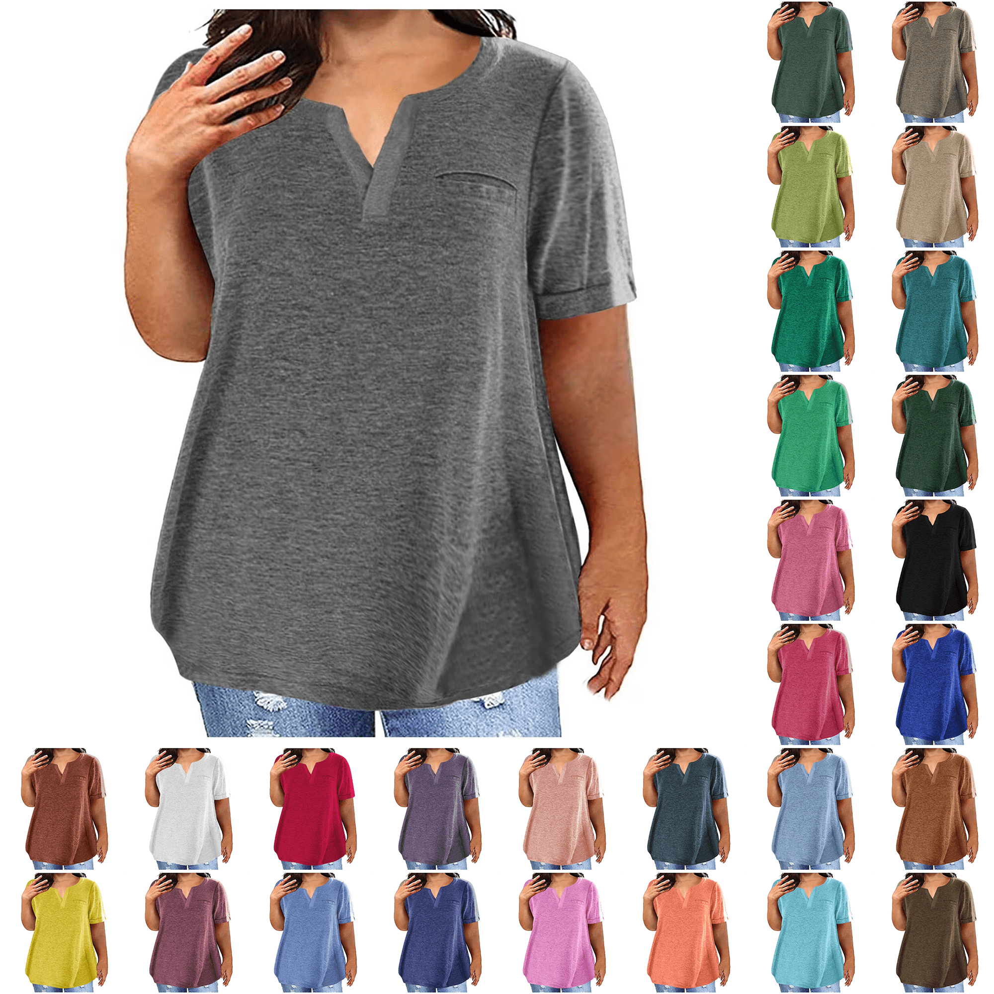 Sawvnm Plus Size Tops for Women, V-Neck Lace Blouse, Short Sleeve ...