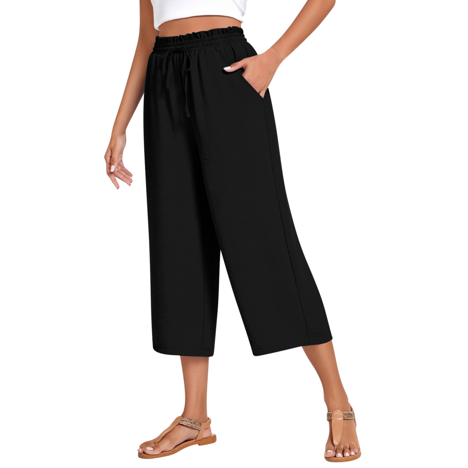 Stamzod Wide Leg Cropped Pants for Women Summer Solid Color Elastic ...