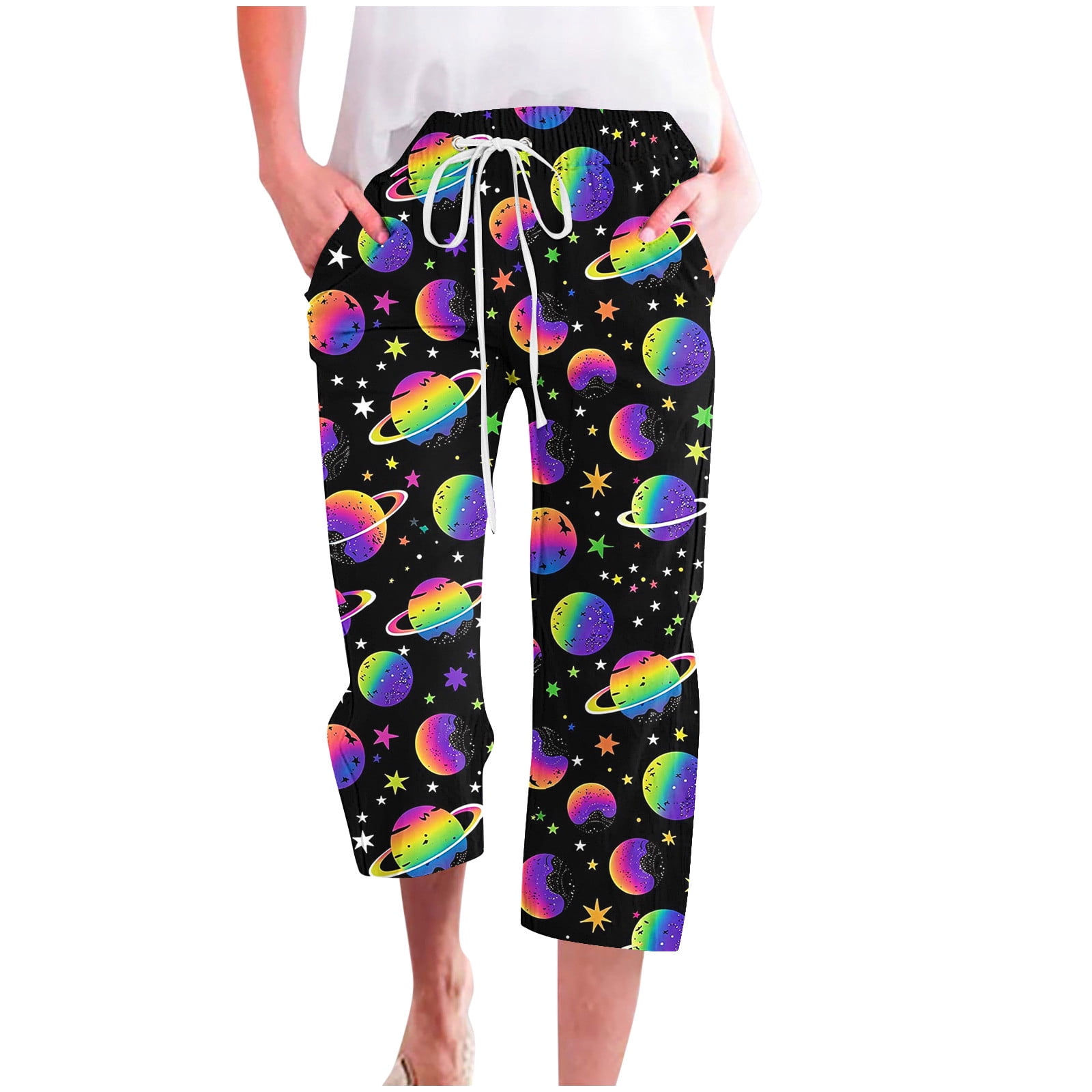 Stamzod Womens Capri Pants Fashion Graphic Printing Summer Elastic ...