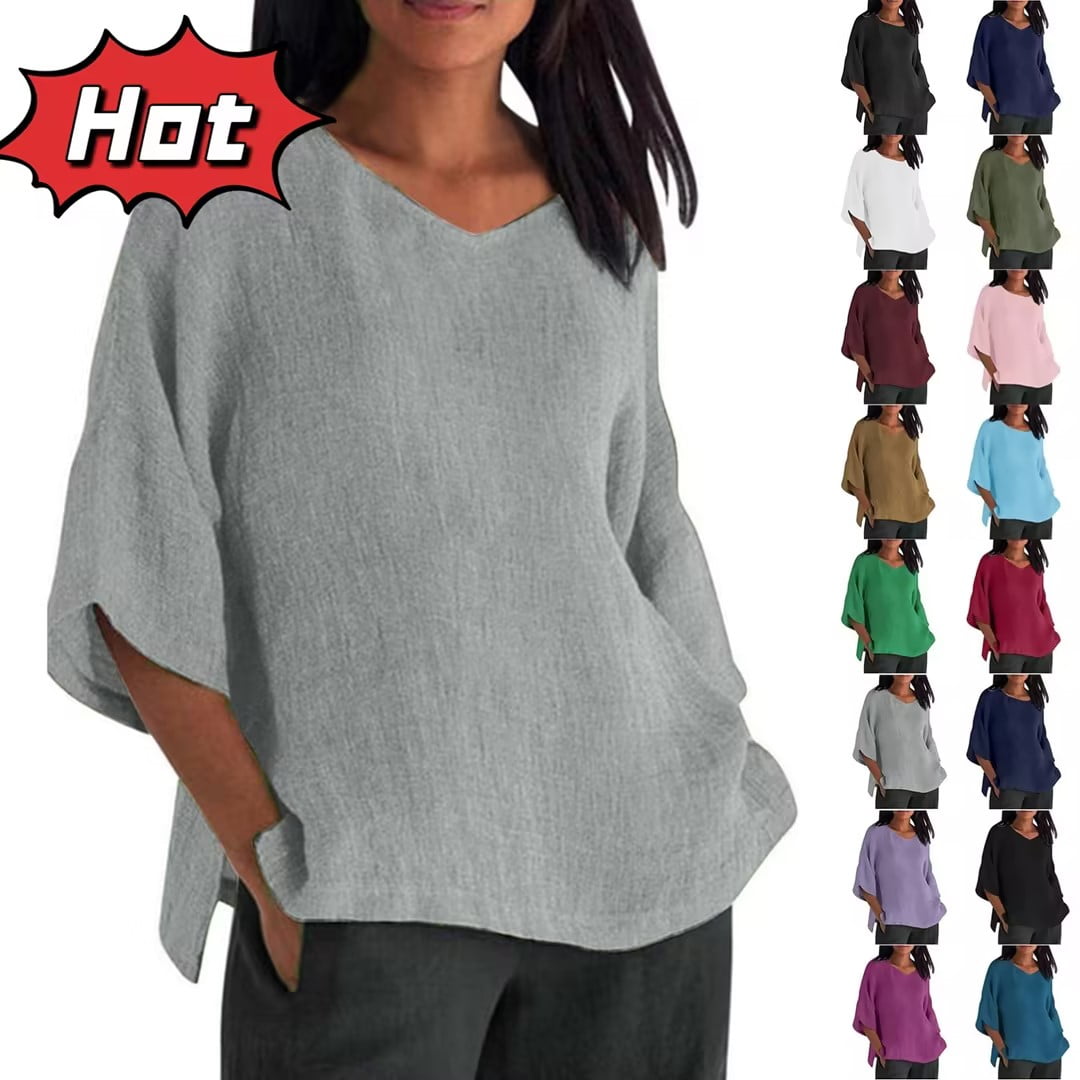 TOPUUTP Women's Spring Fashion Cropped Sleeves, Round Neck Cotton Loose ...