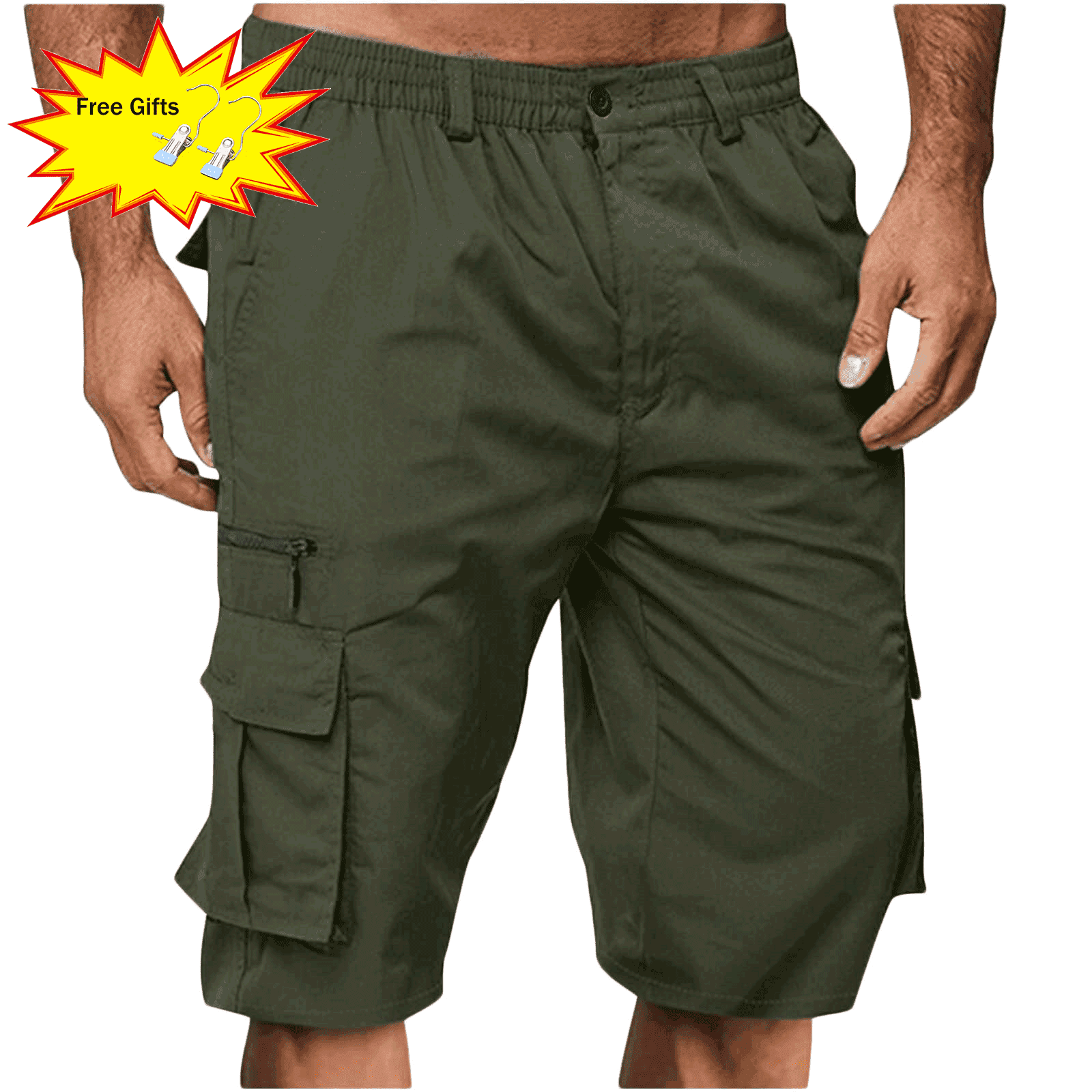 Titcea Men's Elastic Waist Cargo Shorts, Solid Color, Pockets, Summer ...