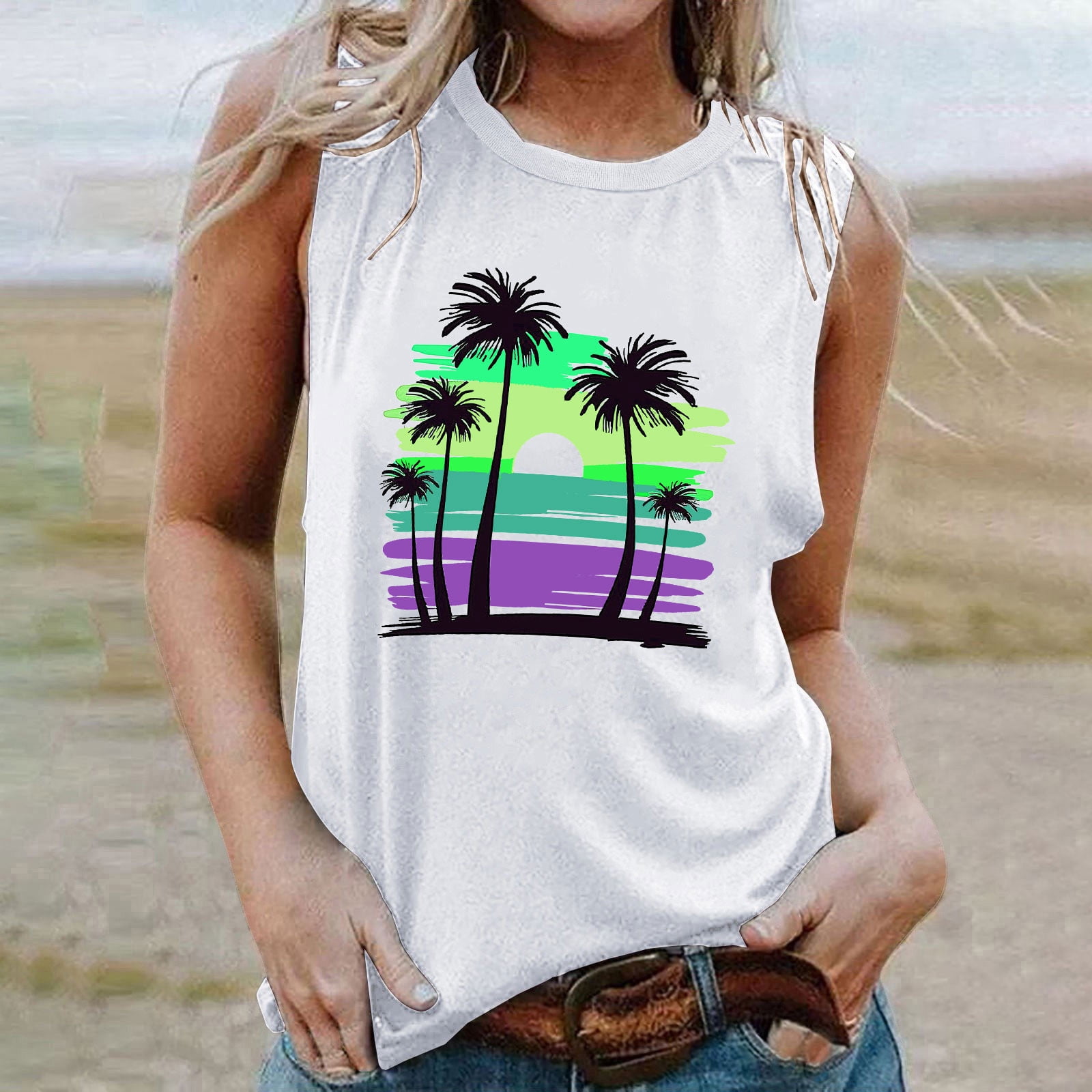 Titcea Womens Tank Tops Palm Tree Printed Round Neck Sleeveless Summer ...