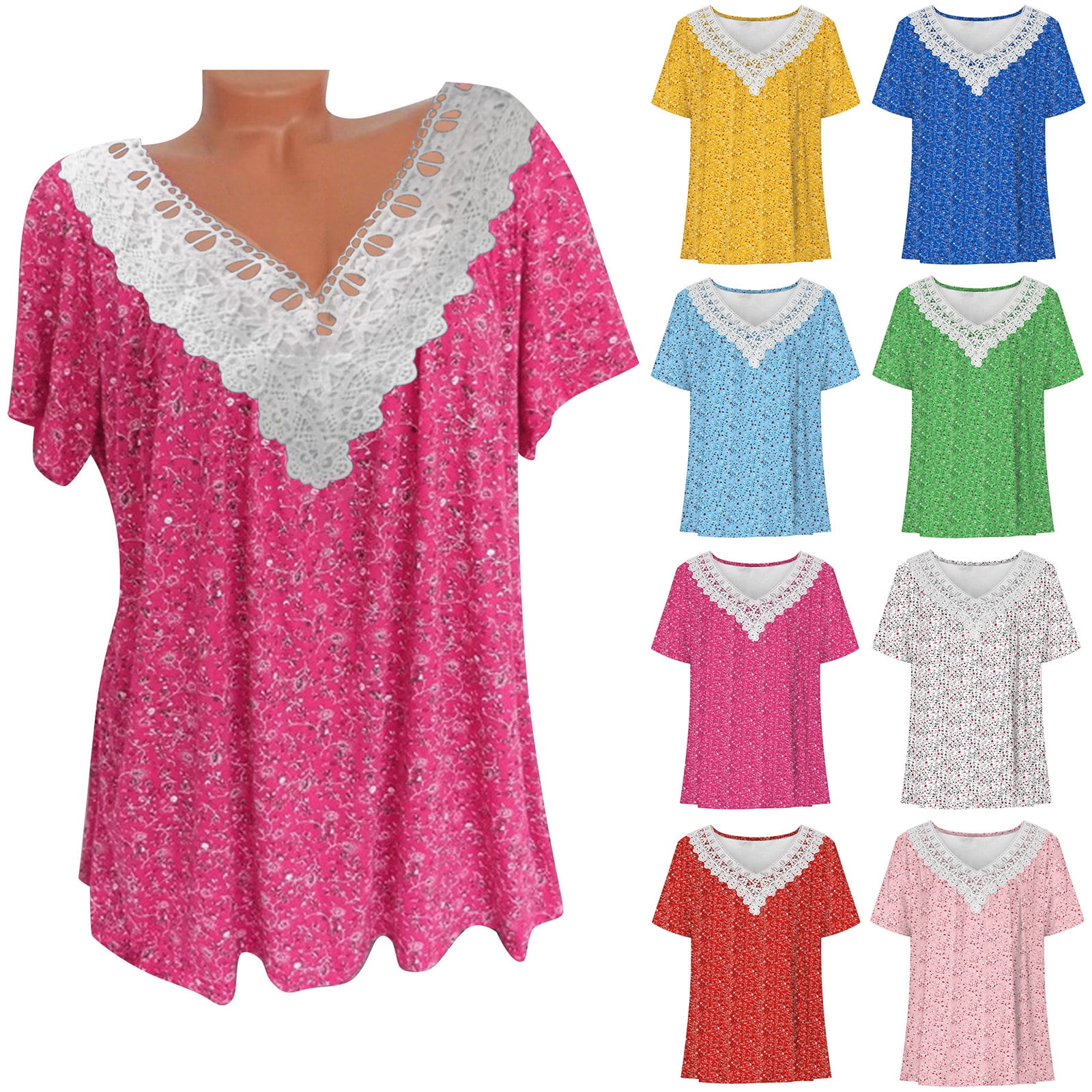 Workout Tops Women Casual T-shirt Floral Printed V-Neck Short Sleeve ...