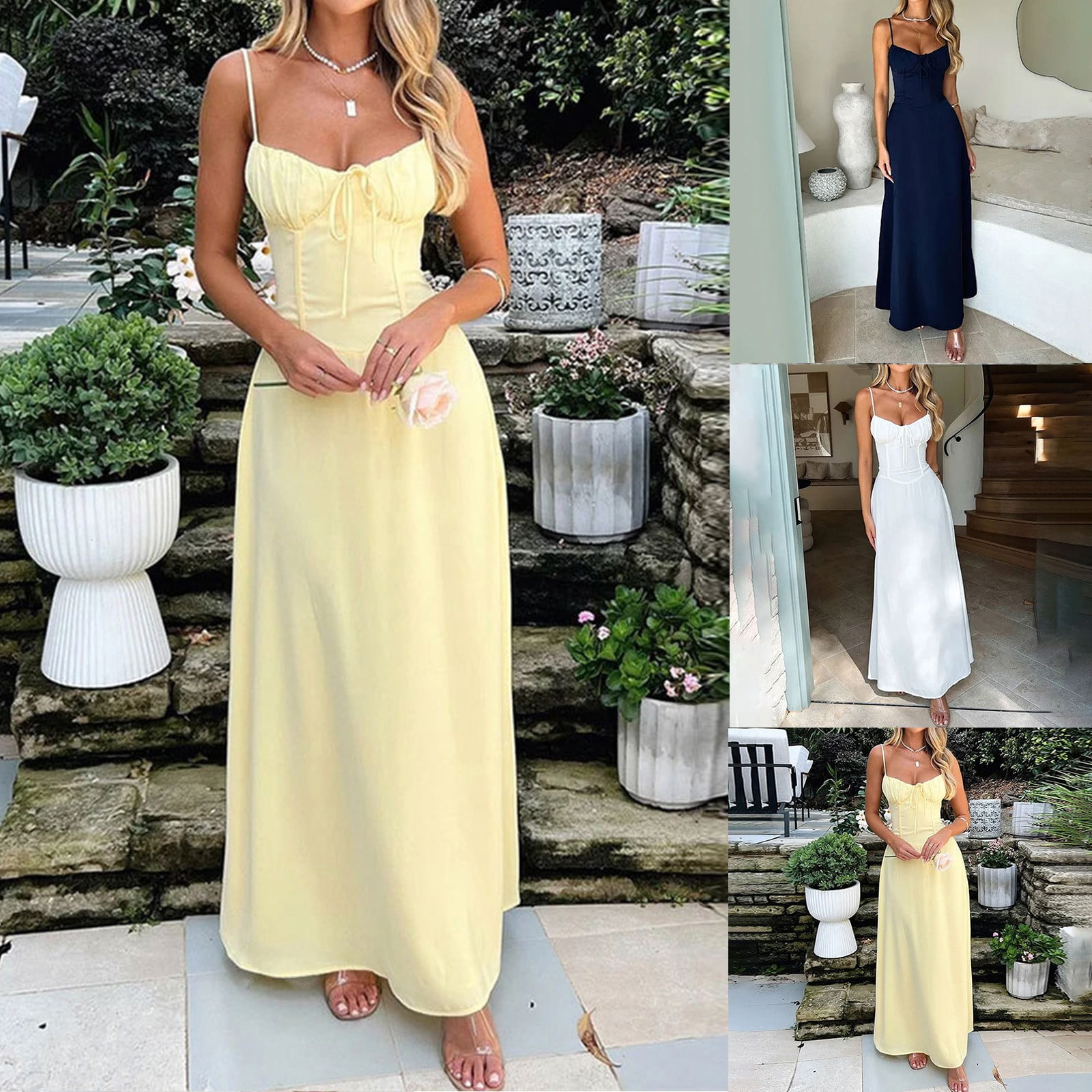 Clearance! Xuniizn Summer Dresses for Women 2025 Spaghetti Strap Solid ...