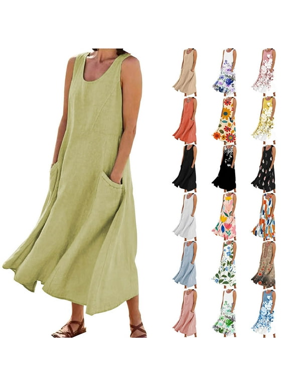 Axiiglly Linen Dress for Women Plus Size Midi Dress Flowy Soft Cotton Dress Sleeveless Casual ...