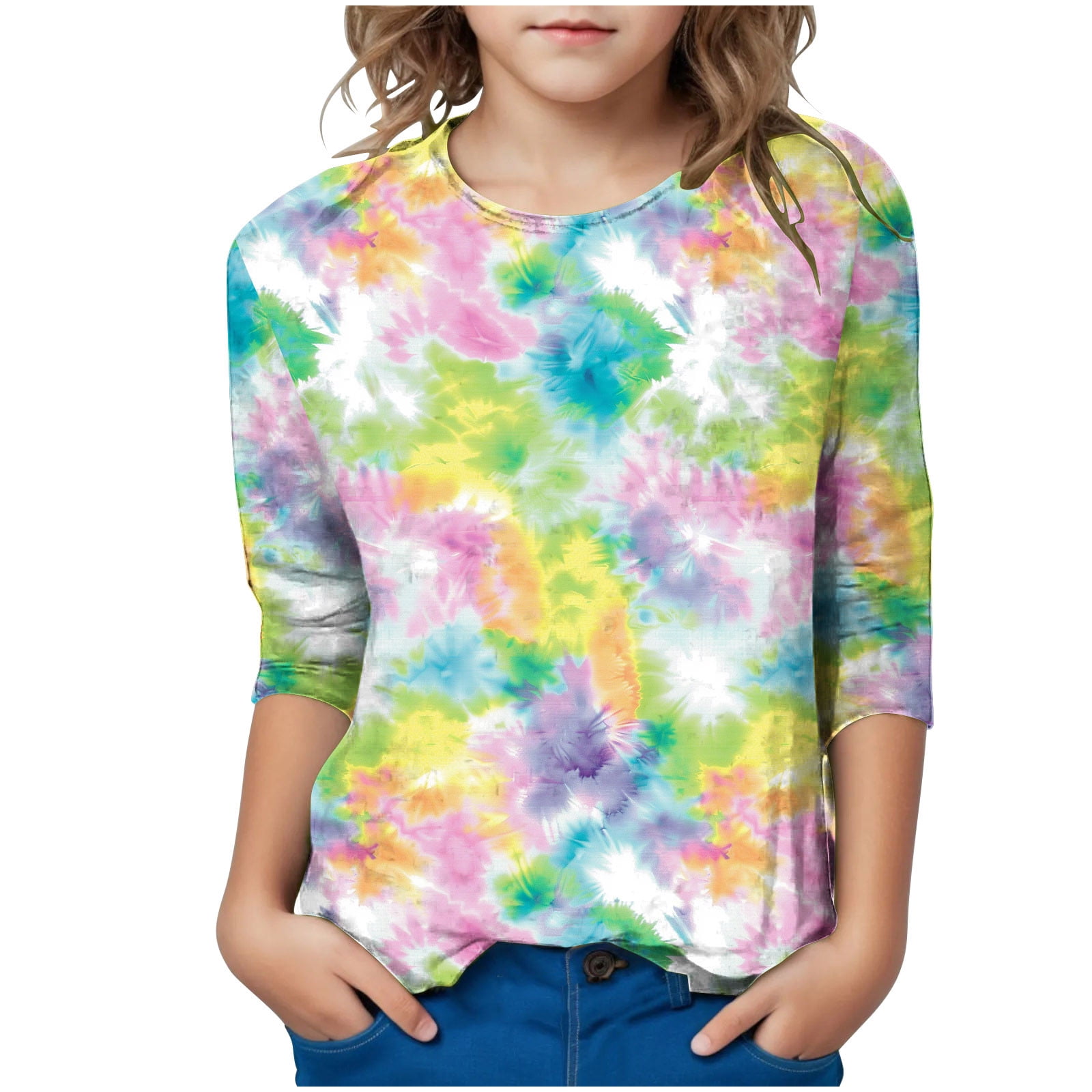 Summer Savings Fatuov 3/4 Sleeve Tees for Kid Girls Tie-Dye Print Loose ...