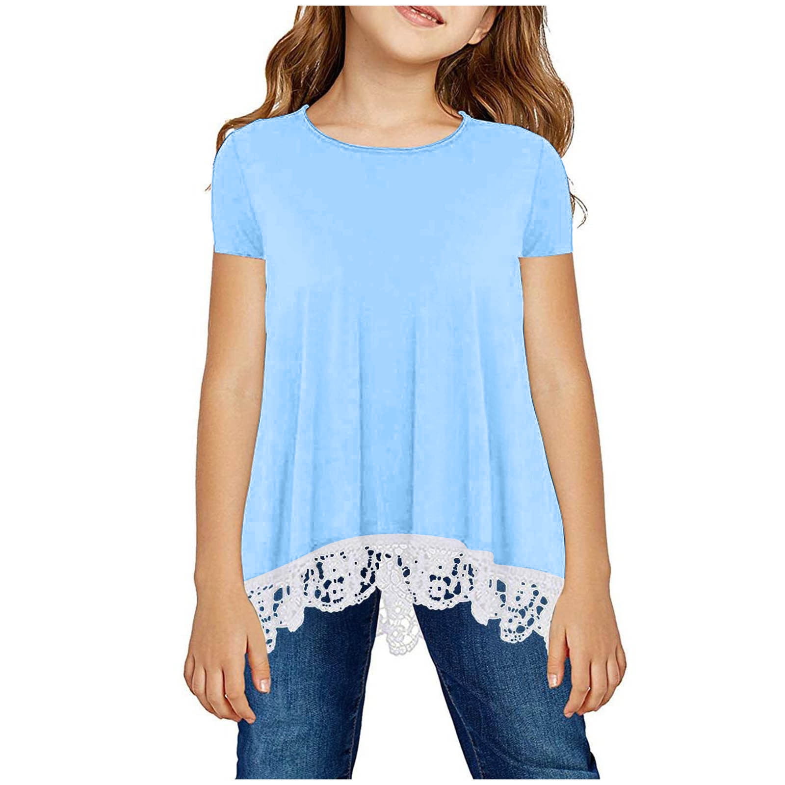 Summer Savings Girls Shirt Crewneck Layered Print Short Sleeve Cute Kids Blouse Lace Tee Top 11 ...