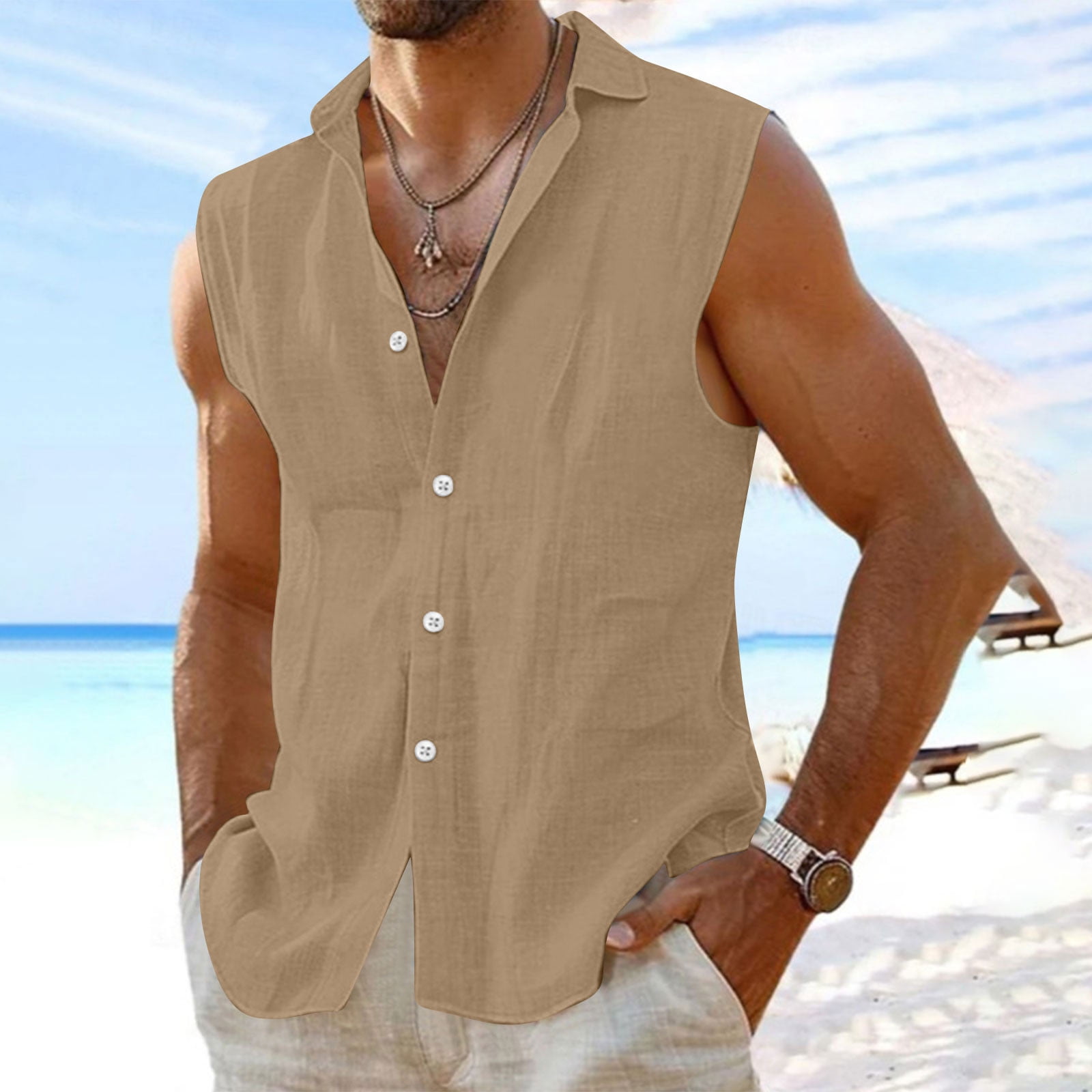Horkkom Button Down Shirt Men Summer Solid Color Tank Tops Linen Beach ...