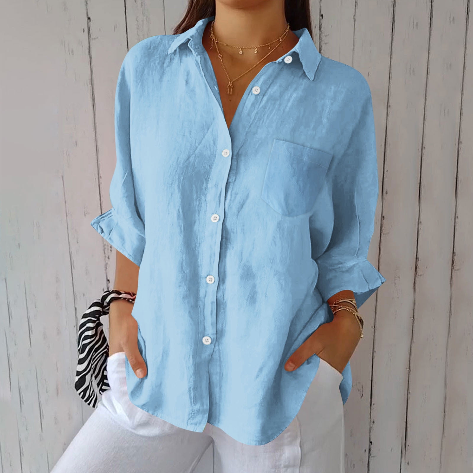 Horkkom Button Down Shirts for Women Summer Long Sleeve Linen Shirts ...