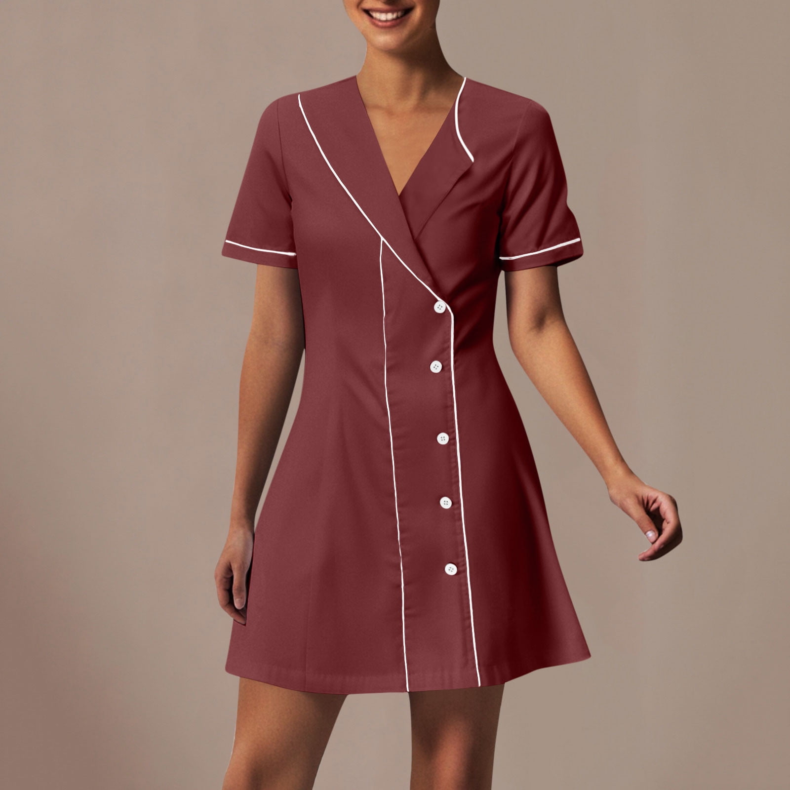 Summer Savings! Horkkom Scrub Dress Short Sleeve V Neck Working Nurse ...