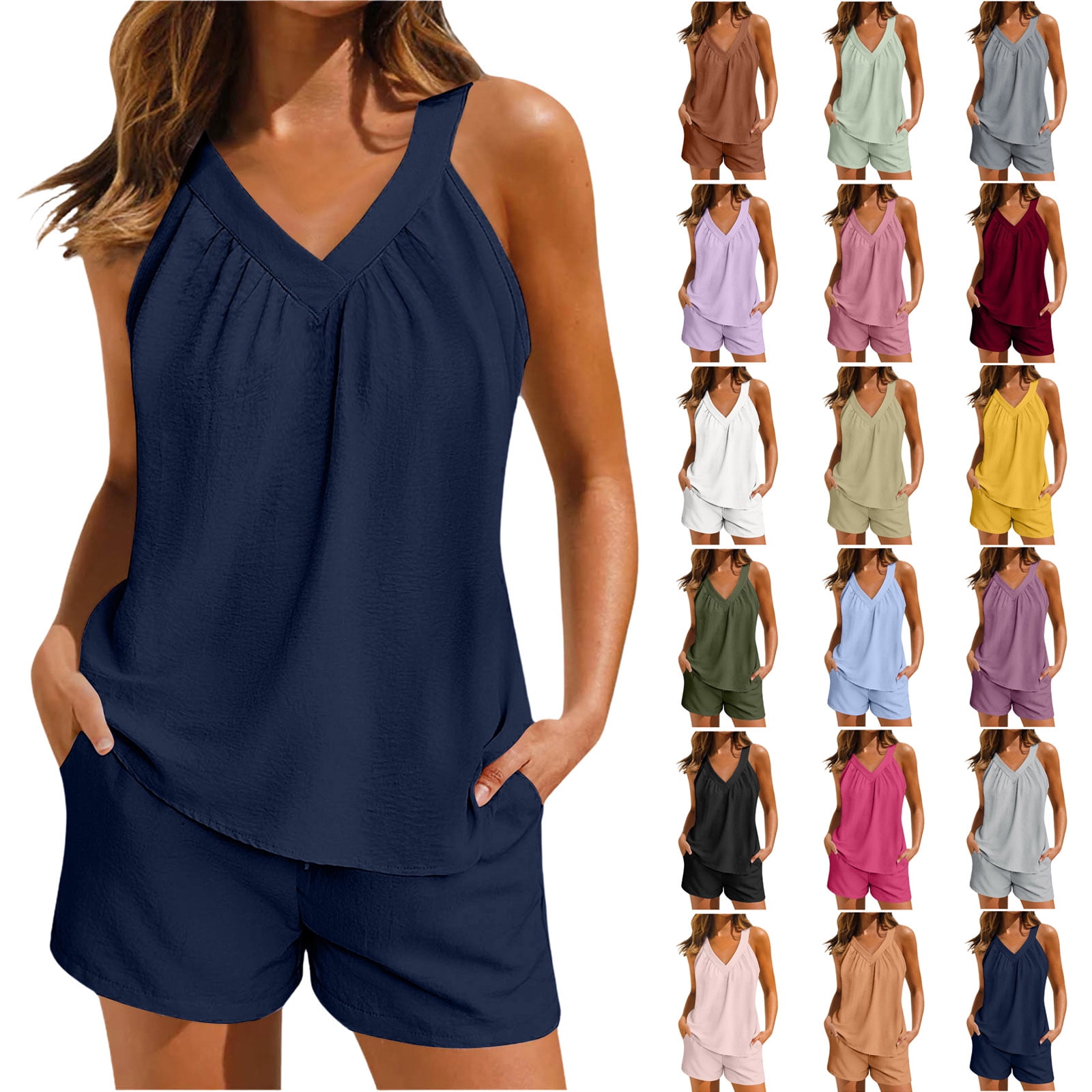 Summer Savings! Horkkom Short Pajama Set for Women 2 Piece Sleeveless V ...