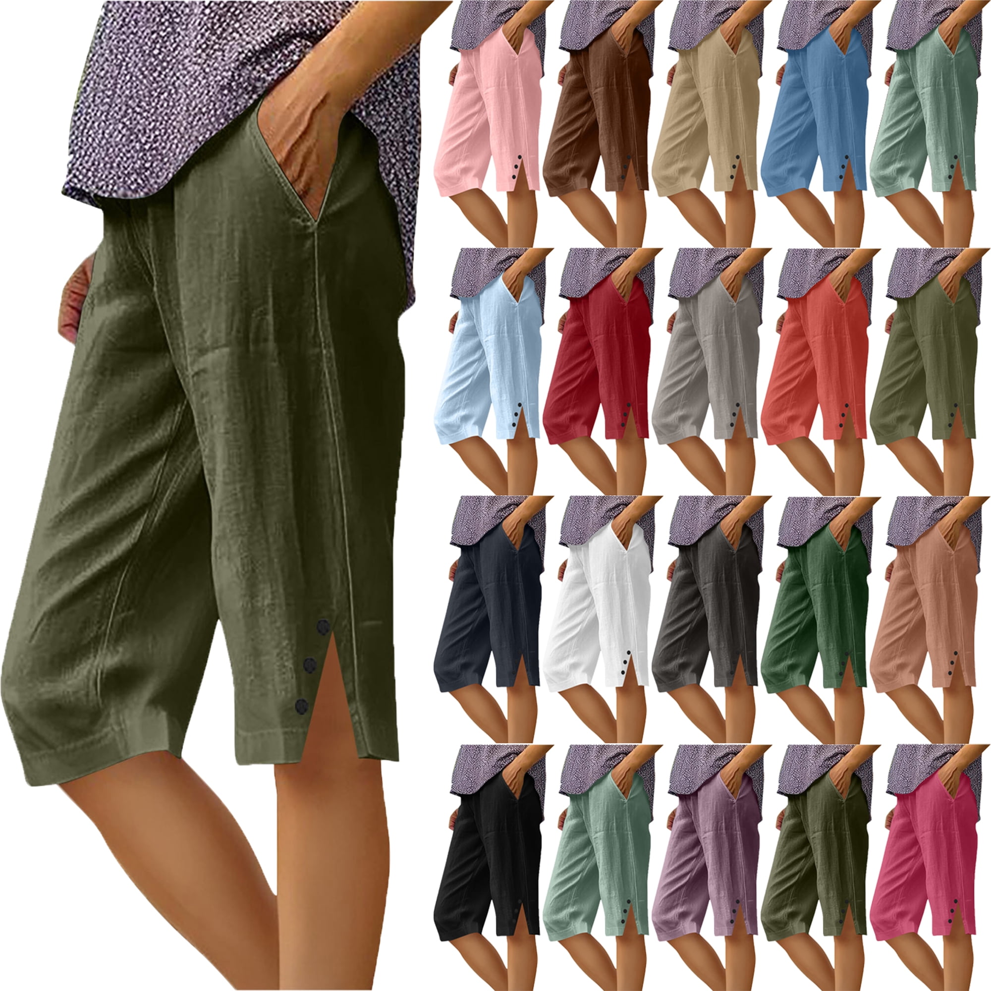 Summer Savings Linen Pants Women Solid Color Loose Straight Crop Pants ...