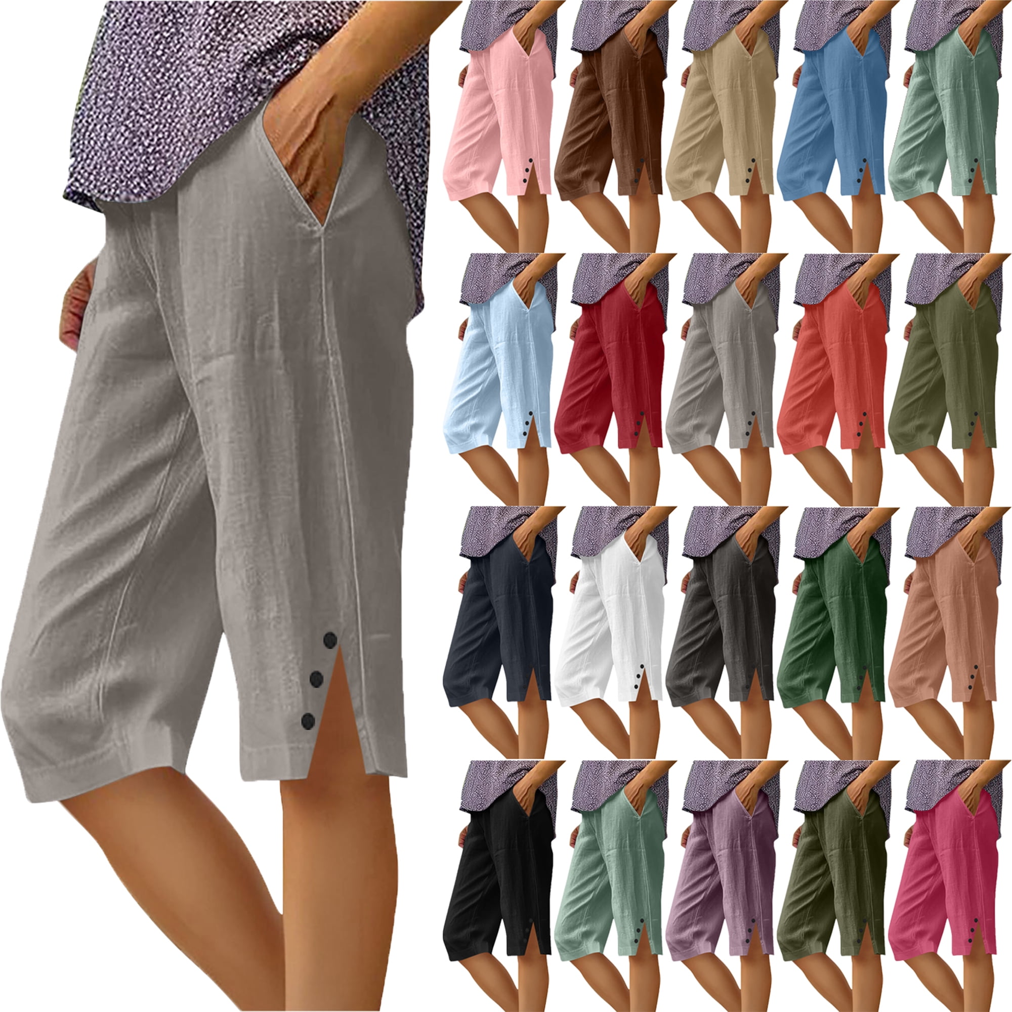 Summer Savings Linen Pants Women Solid Color Loose Straight Crop Pants ...