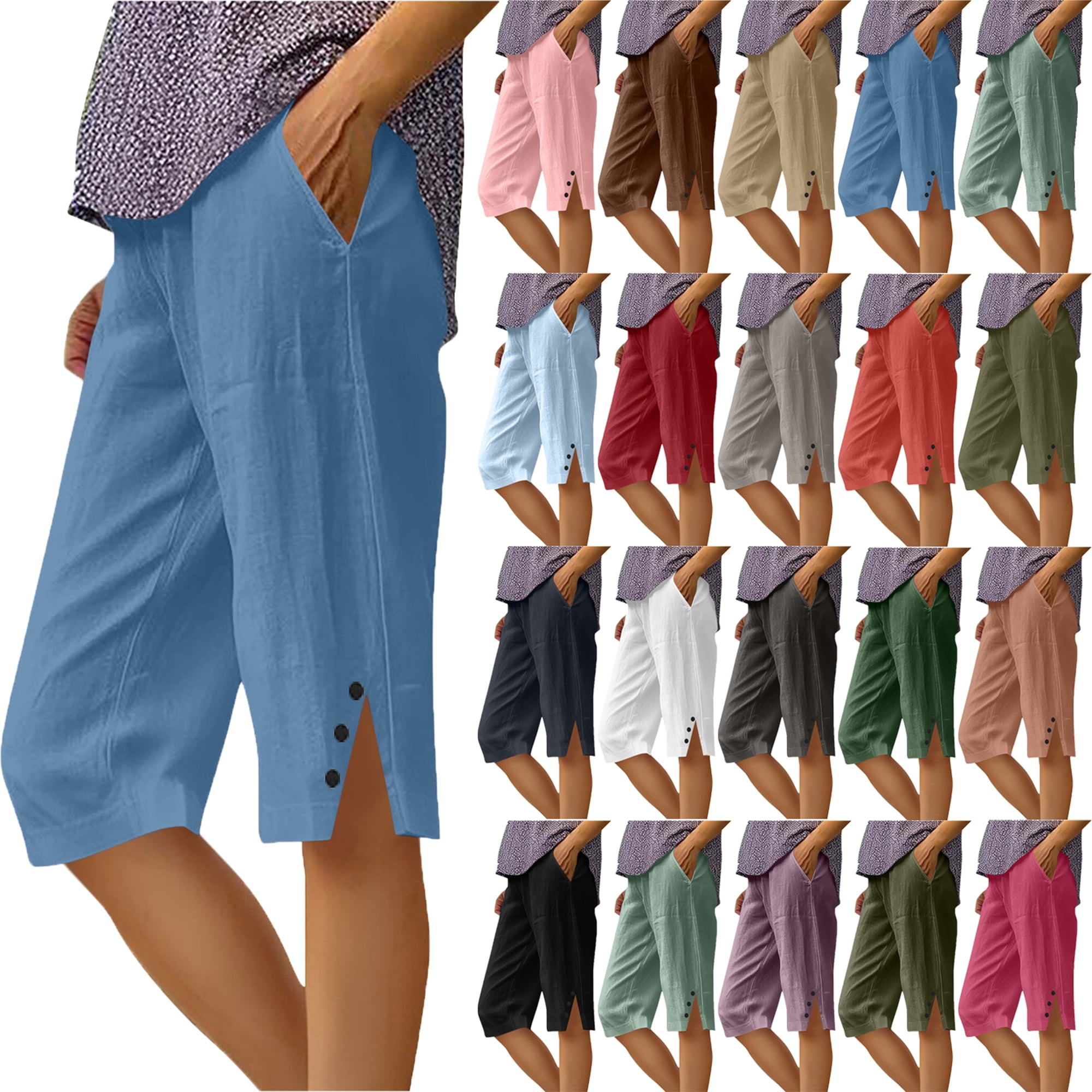 Summer Savings Linen Pants Women Solid Color Loose Straight Crop Pants ...