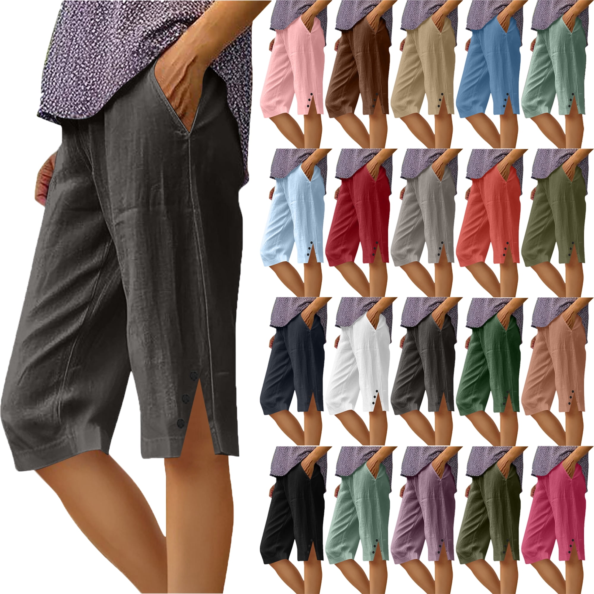 Summer Savings Linen Pants Women Solid Color Loose Straight Crop Pants ...