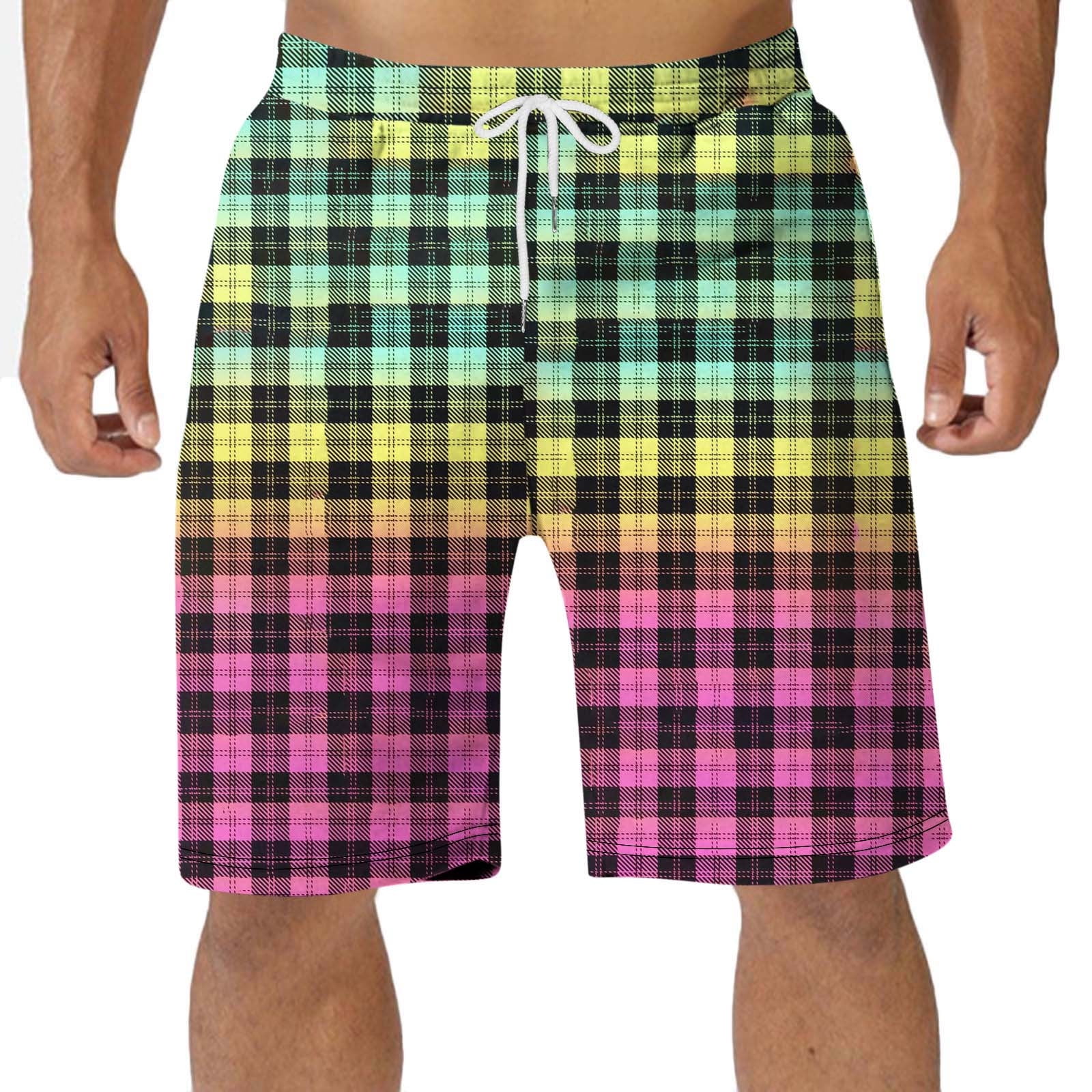 Summer Savings! MELDVDIB Mens Swim Trunks Plaid Print Elastic Waist ...