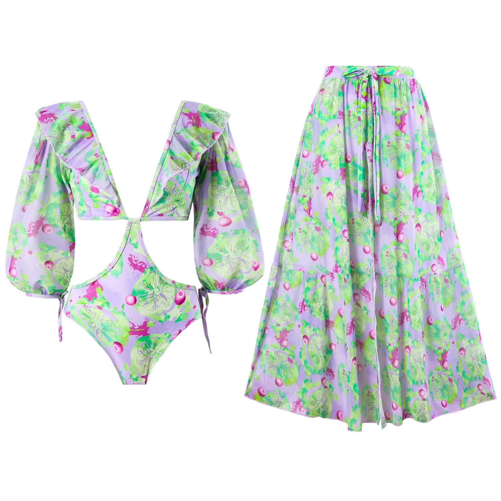 Summer Savings! Pitauce One Piece Swimsuit Women Floral Fruit Printed Long Sleeve Bikini ...