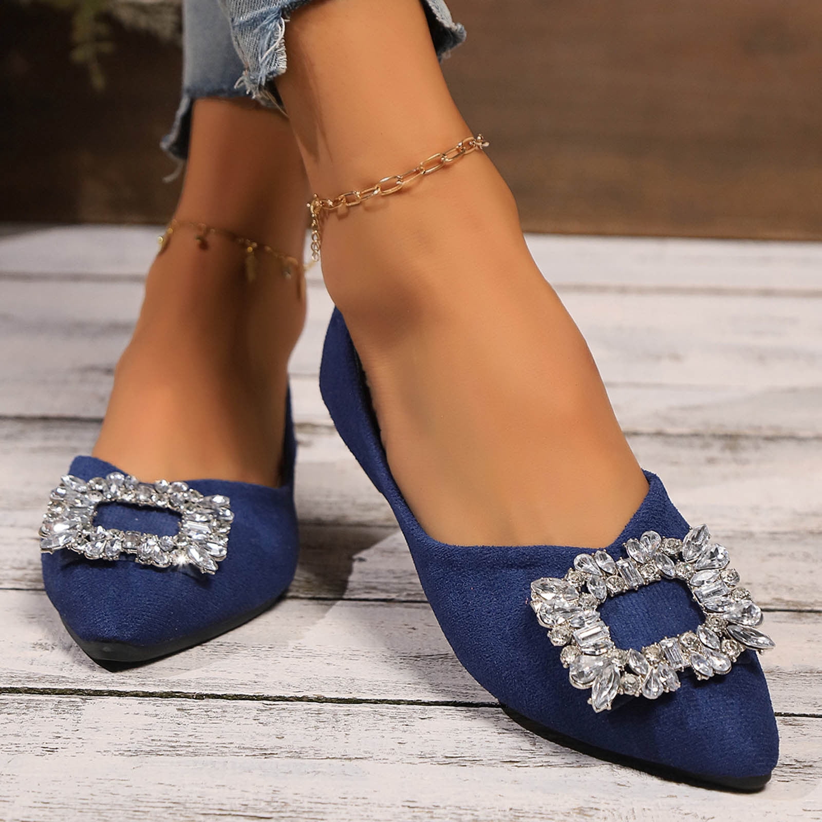 Summer Savings, Women's Spring Large Suede Pointed Diamond Buckle Flat ...