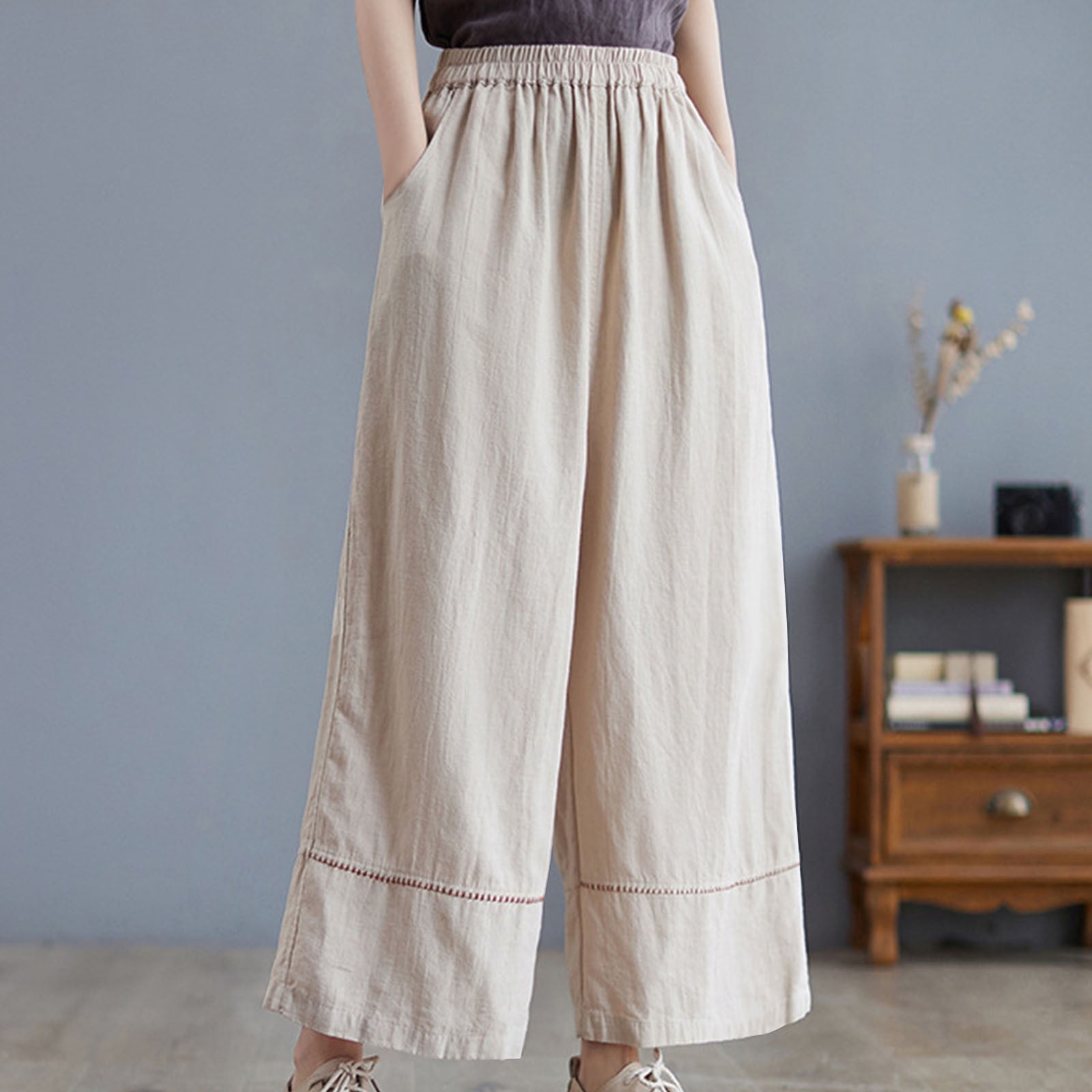 Summer Savings, Women's Spring Solid Color Elastic Waist Cotton Linen Pants, Wide Leg, Casual ...
