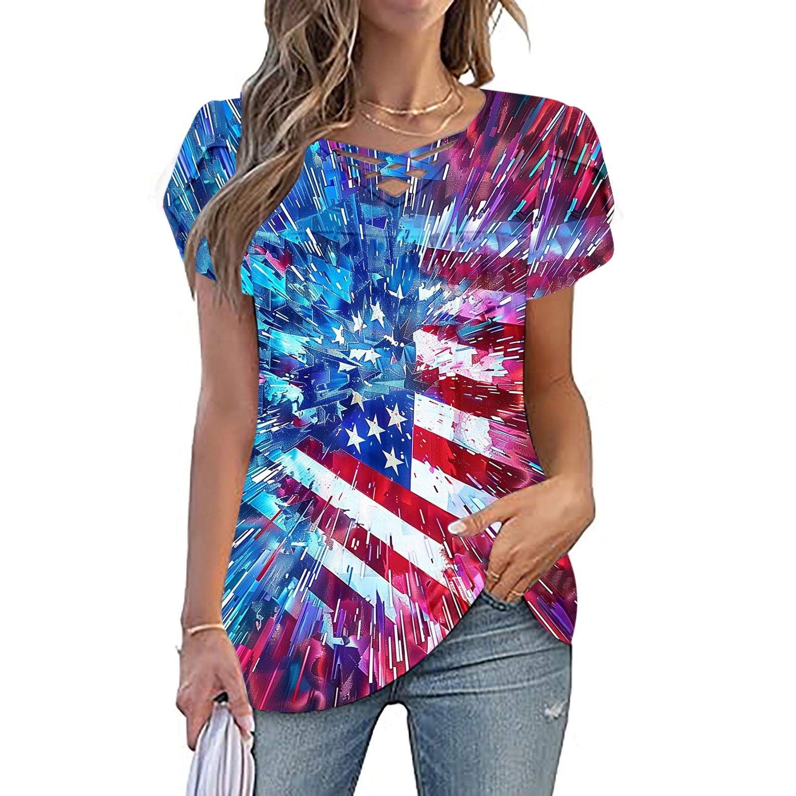 Summer Savings Wuchoa Women's Summer Tops 4th of July Short Sleeve ...