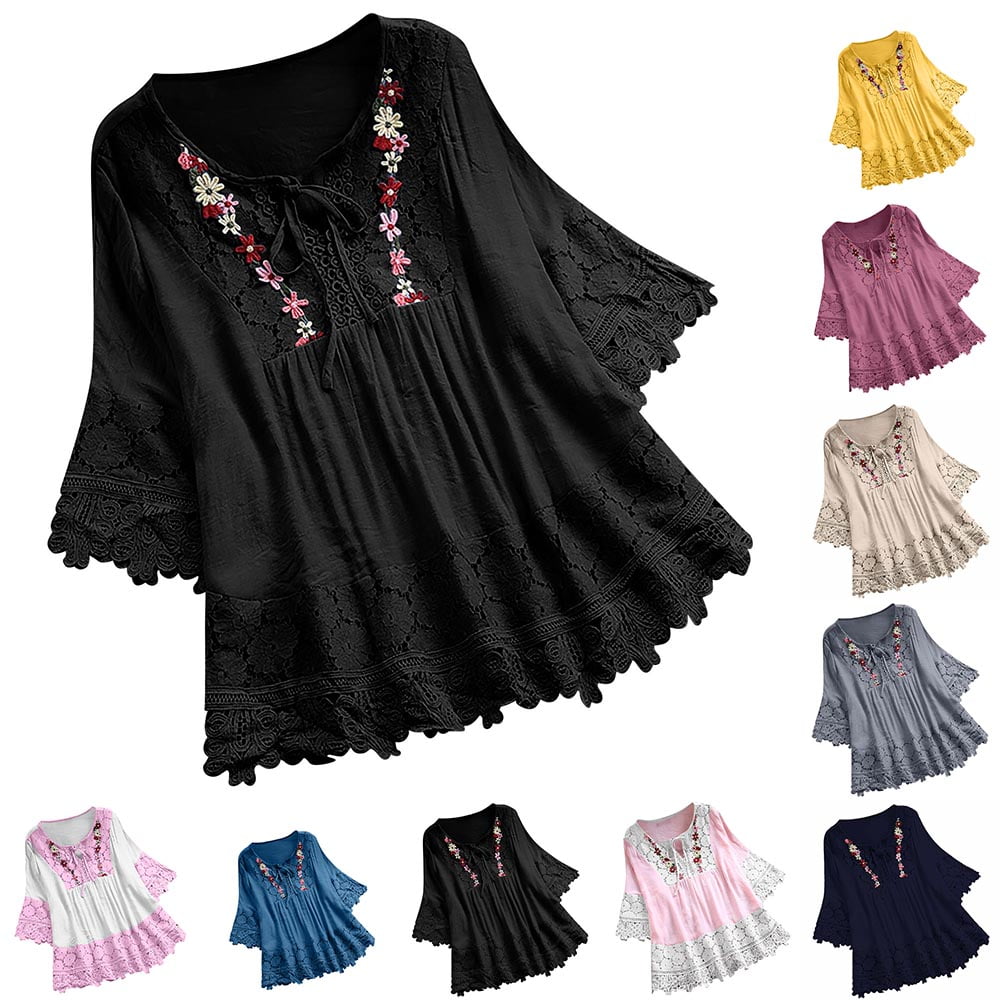 YOTAMI Womens Tops Plus Size V-Neck Patchwork 3/4 Sleeve Shirts Fashion ...