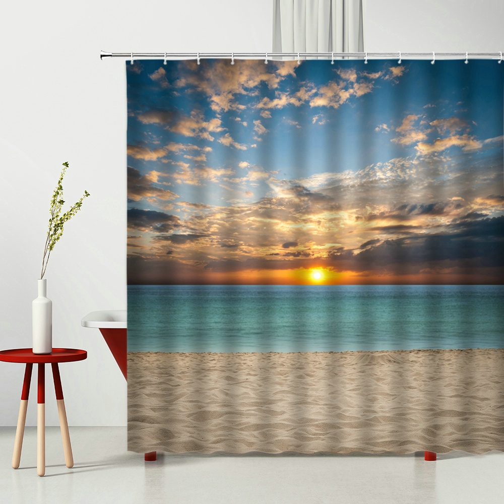 Summer Scenery Shower Curtain Sandy Beach Sunset Extreme Sport Surfing ...