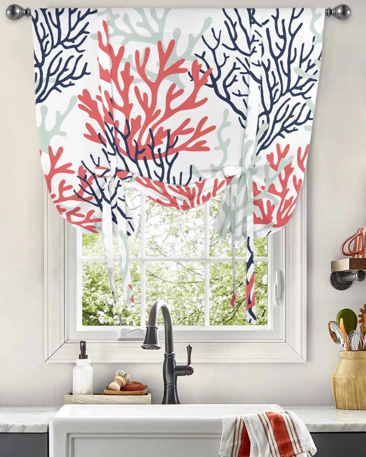 Summer Sea Life Coral Curtains for Living Room Bedroom Modern Tie Up ...