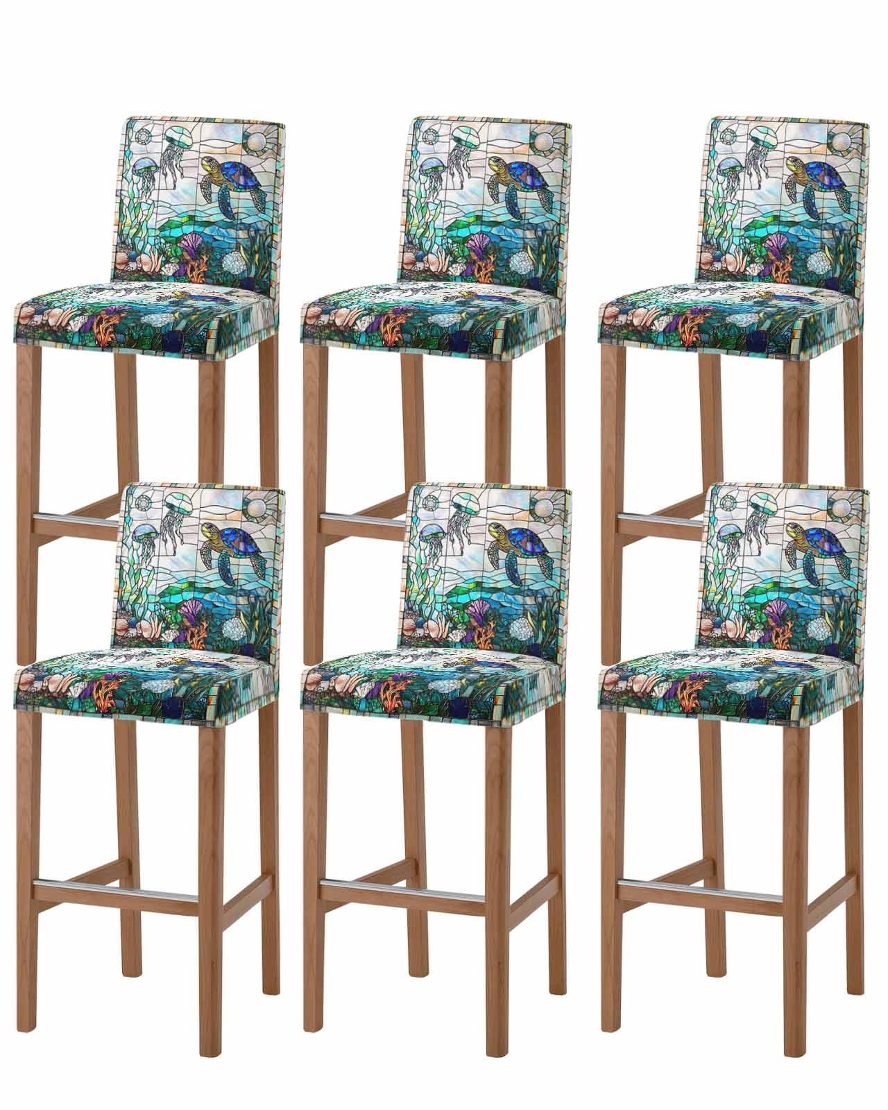Summer Sea Turtle Bar Stool Covers Set of 6, Stained Glass Ocean ...