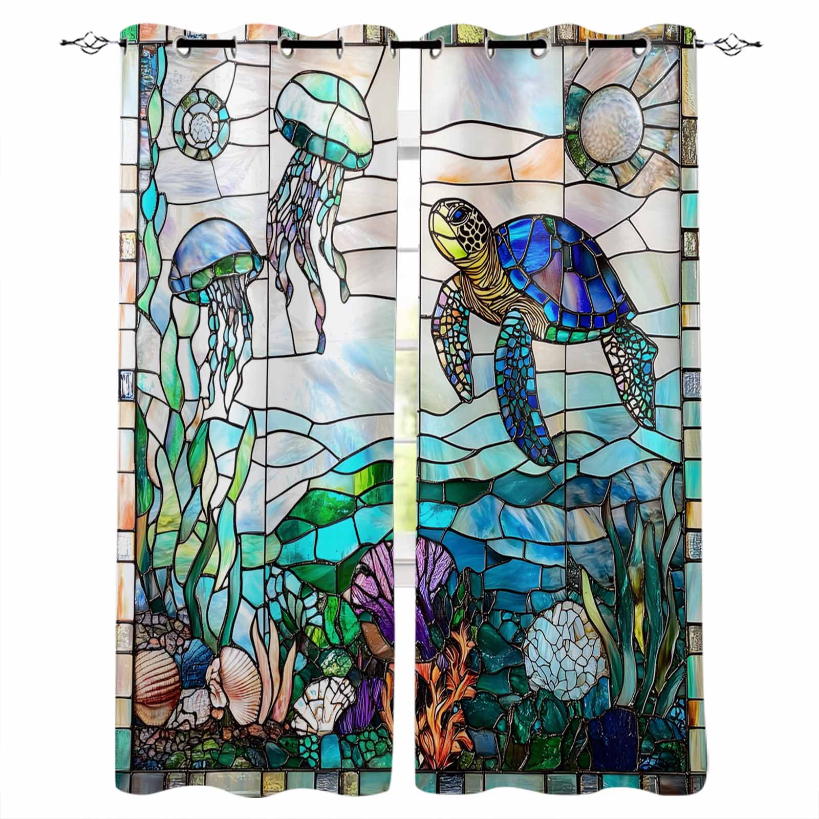 Summer Sea Turtle Blackout Curtains 45 Inches Long for Bedroom, Stained ...