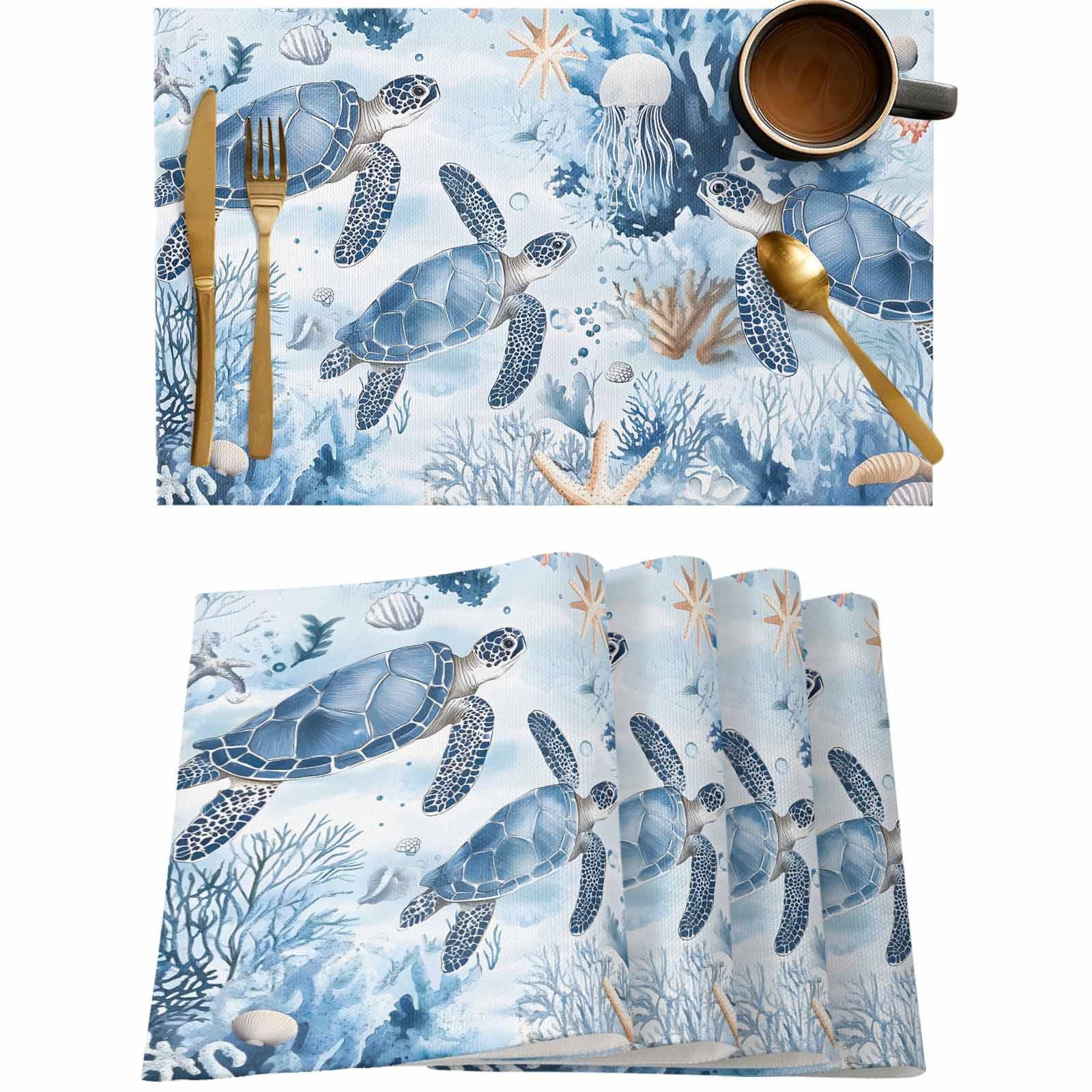 Summer Sea Turtle Blue Ocean Placemats Set of 4,Wipeable Washable Table ...