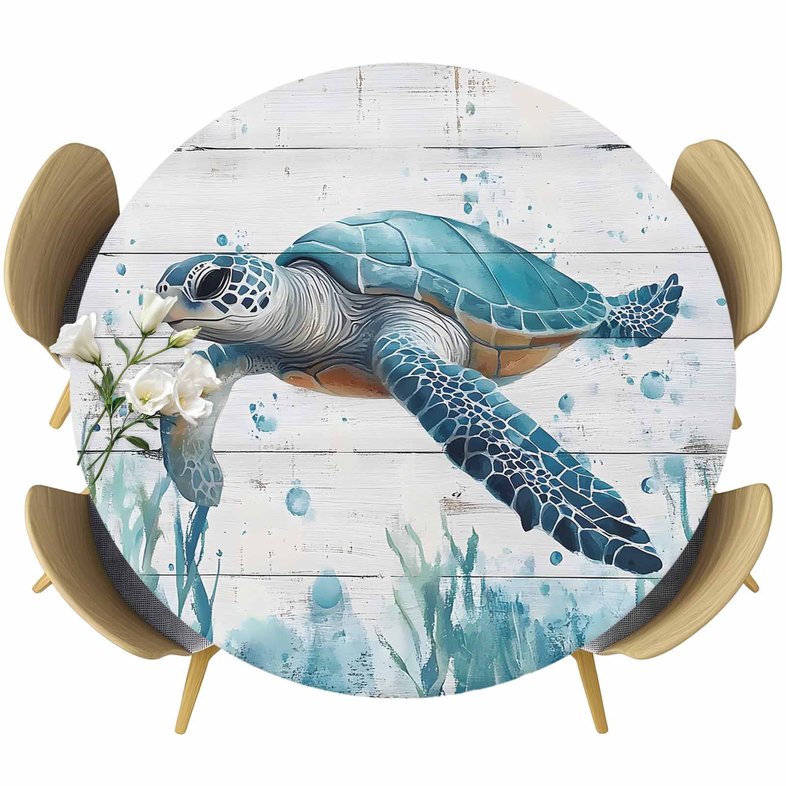 Summer Sea Turtle Blue Round Tablecloth 55-60 Inch Round Fitted Table Cloth with Elastic Edge ...
