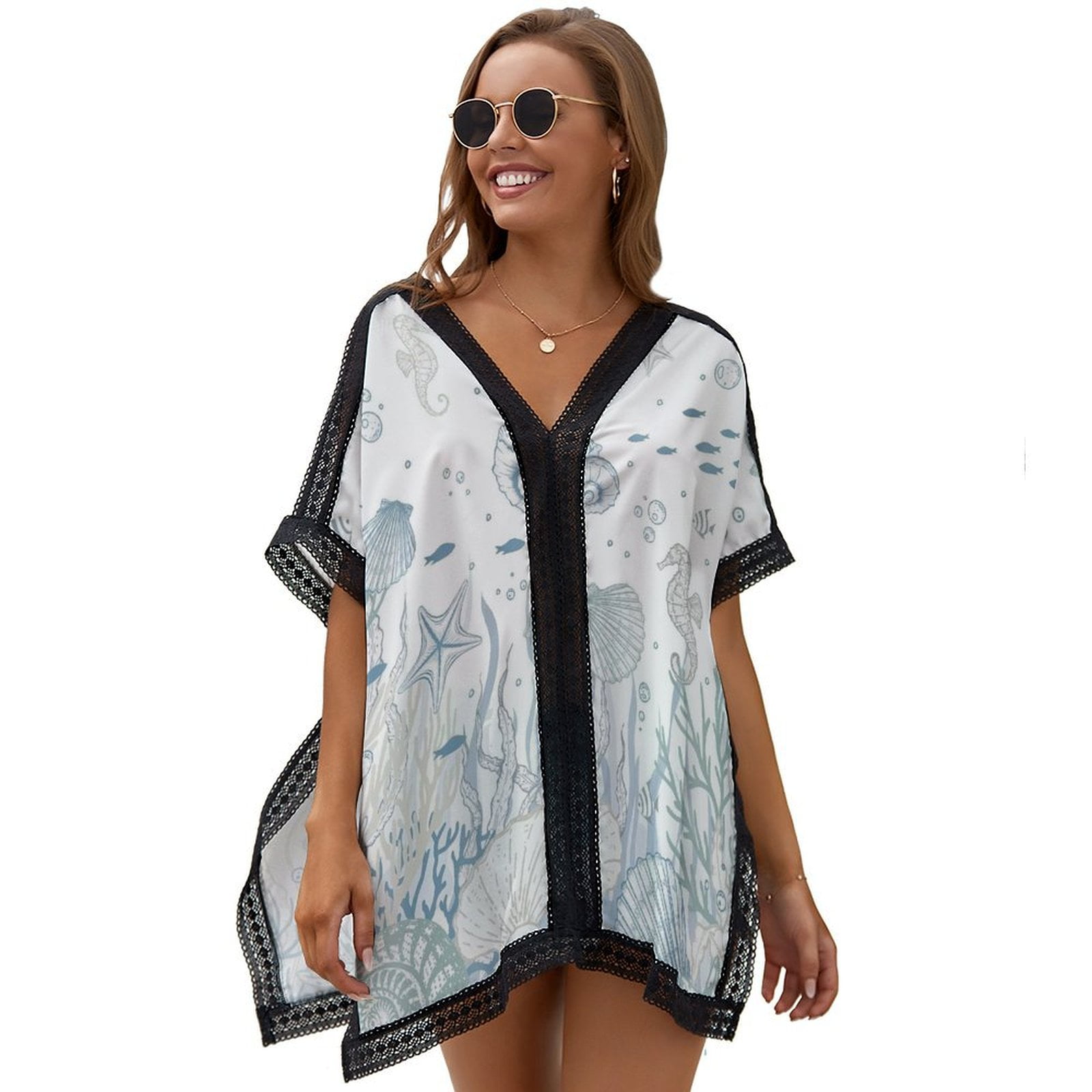 Summer Sea Turtle Coral Starfish Jellyfish Conch Seaweed Navy Blue Grey ...