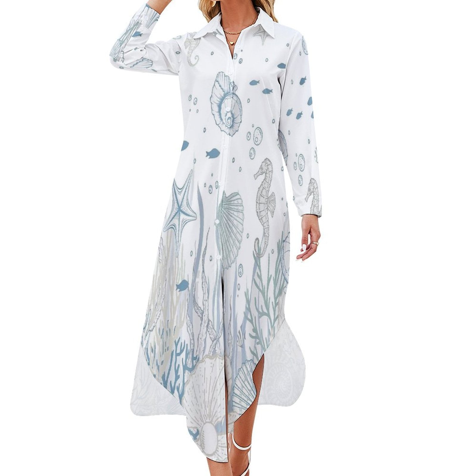 Summer Sea Turtle Coral Starfish Jellyfish Conch Seaweed Navy Blue Grey ...