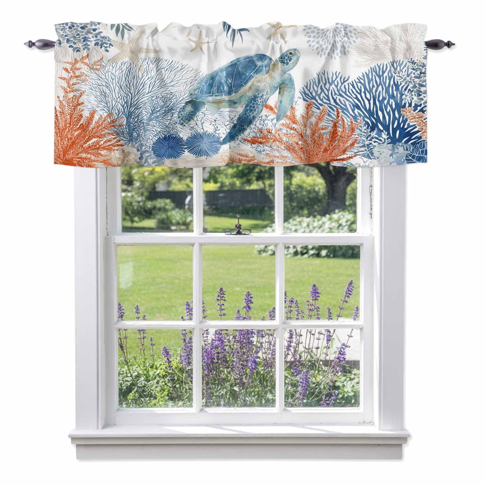 Summer Sea Turtle Coral Valances for Windows,Kitchen Valance Rod Pocket ...