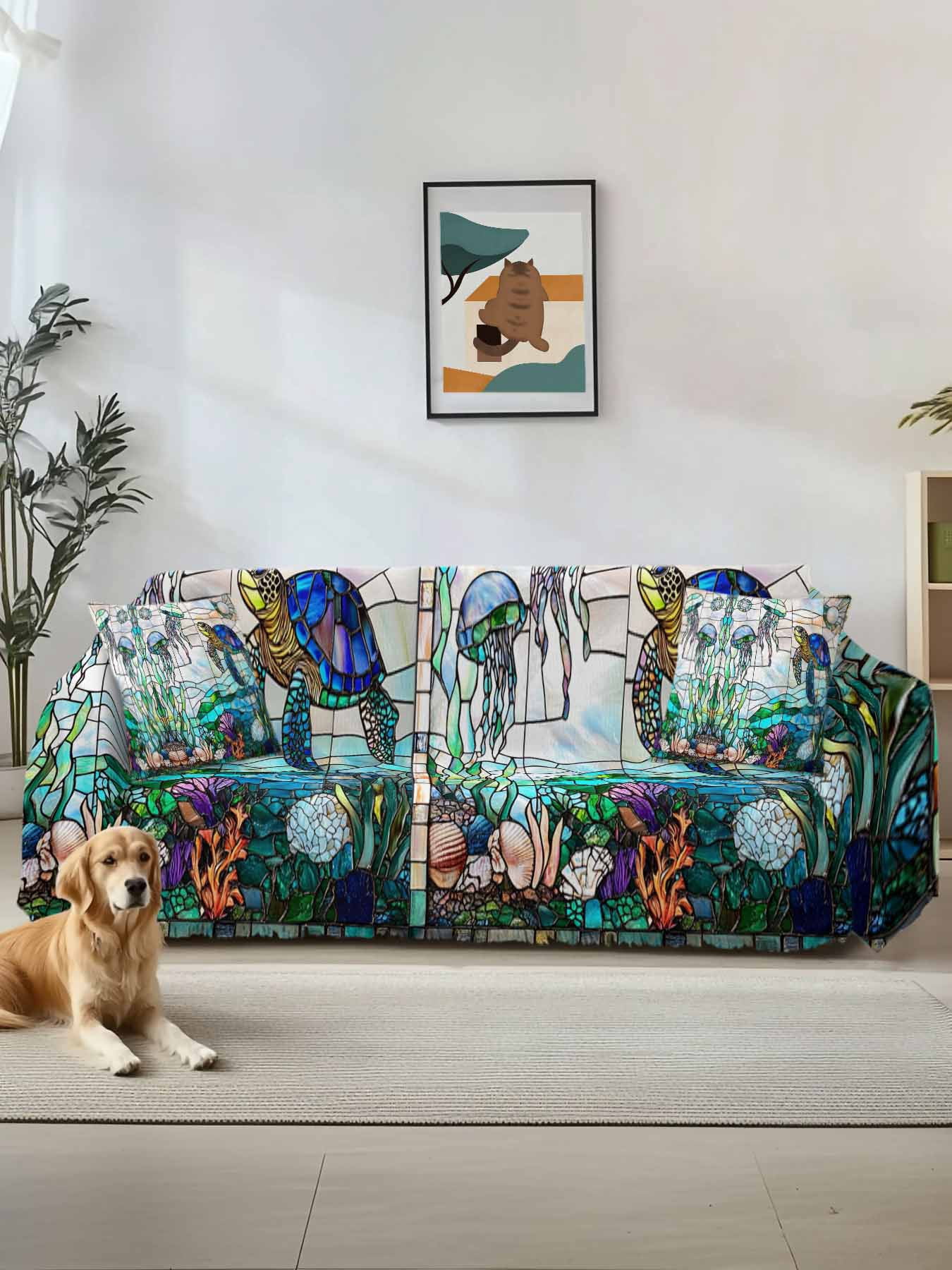 Summer Sea Turtle Couch Cover for 2 Cushion Couch, Stained Glass Ocean ...