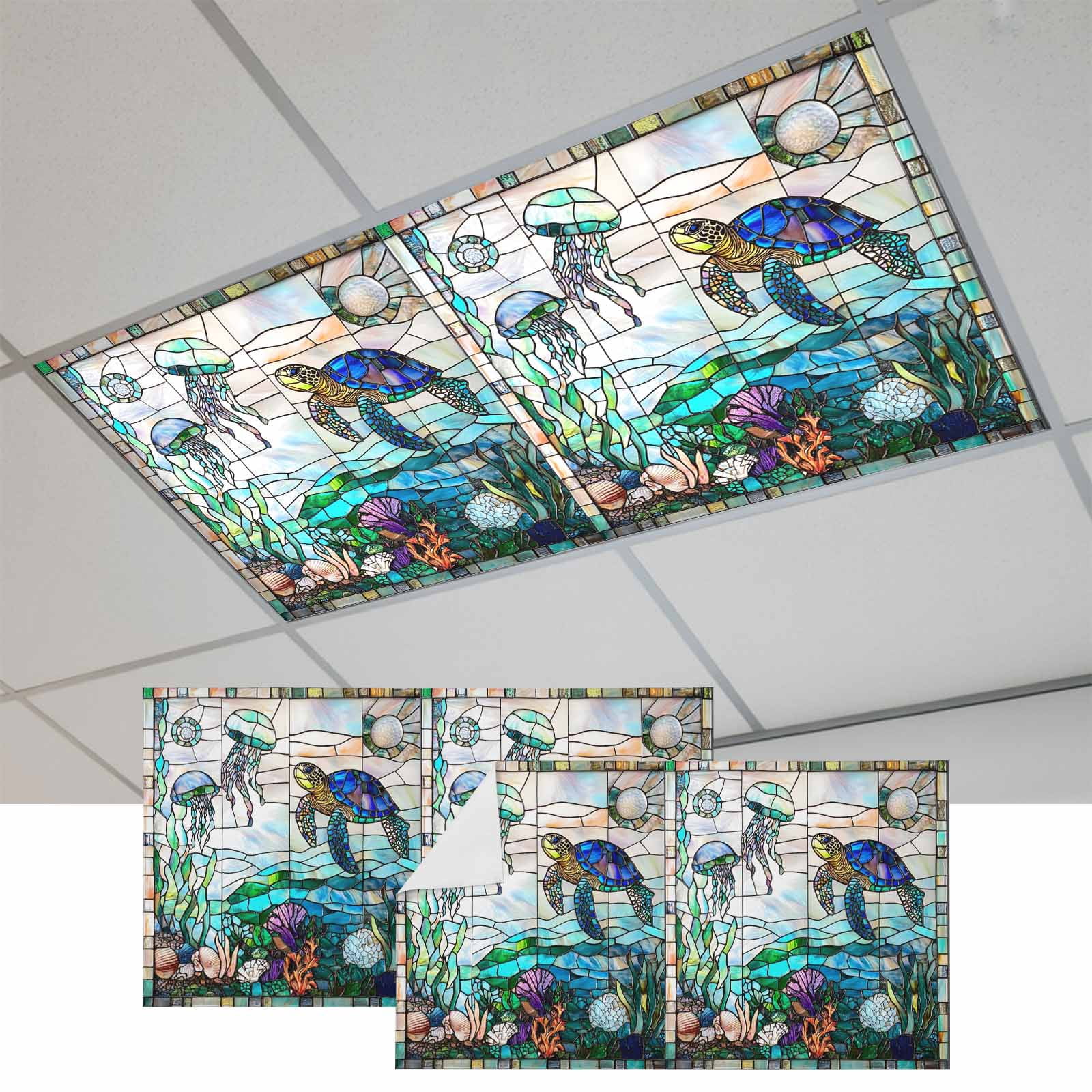 Summer Sea Turtle Fluorescent Light Covers, Stained Glass Ocean ...