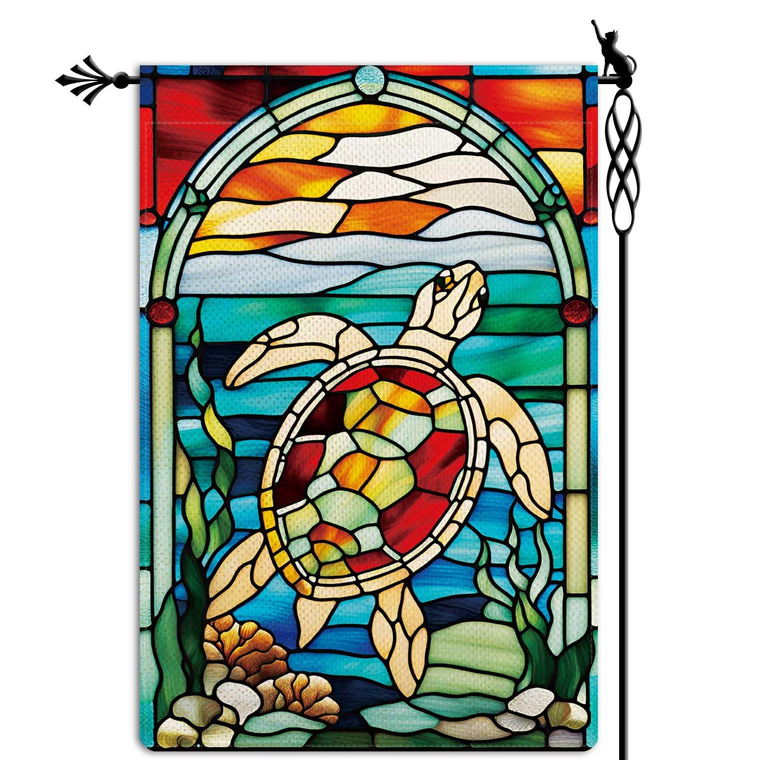 Summer Sea Turtle Garden Flag Stained Glass Style Coral Seaweed Garden ...
