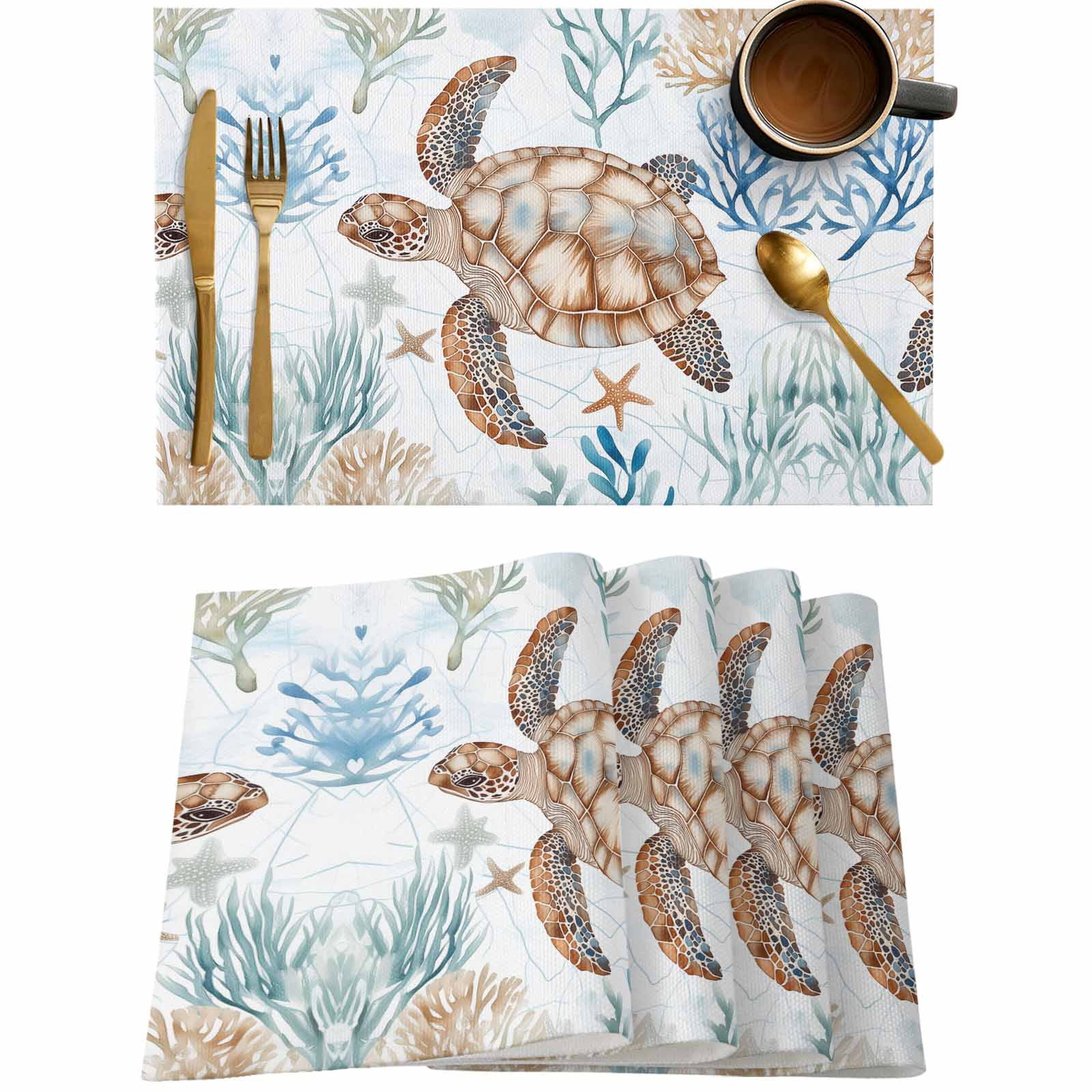 Summer Sea Turtle Ocean Coral Placemats Set of 4,Wipeable Washable ...