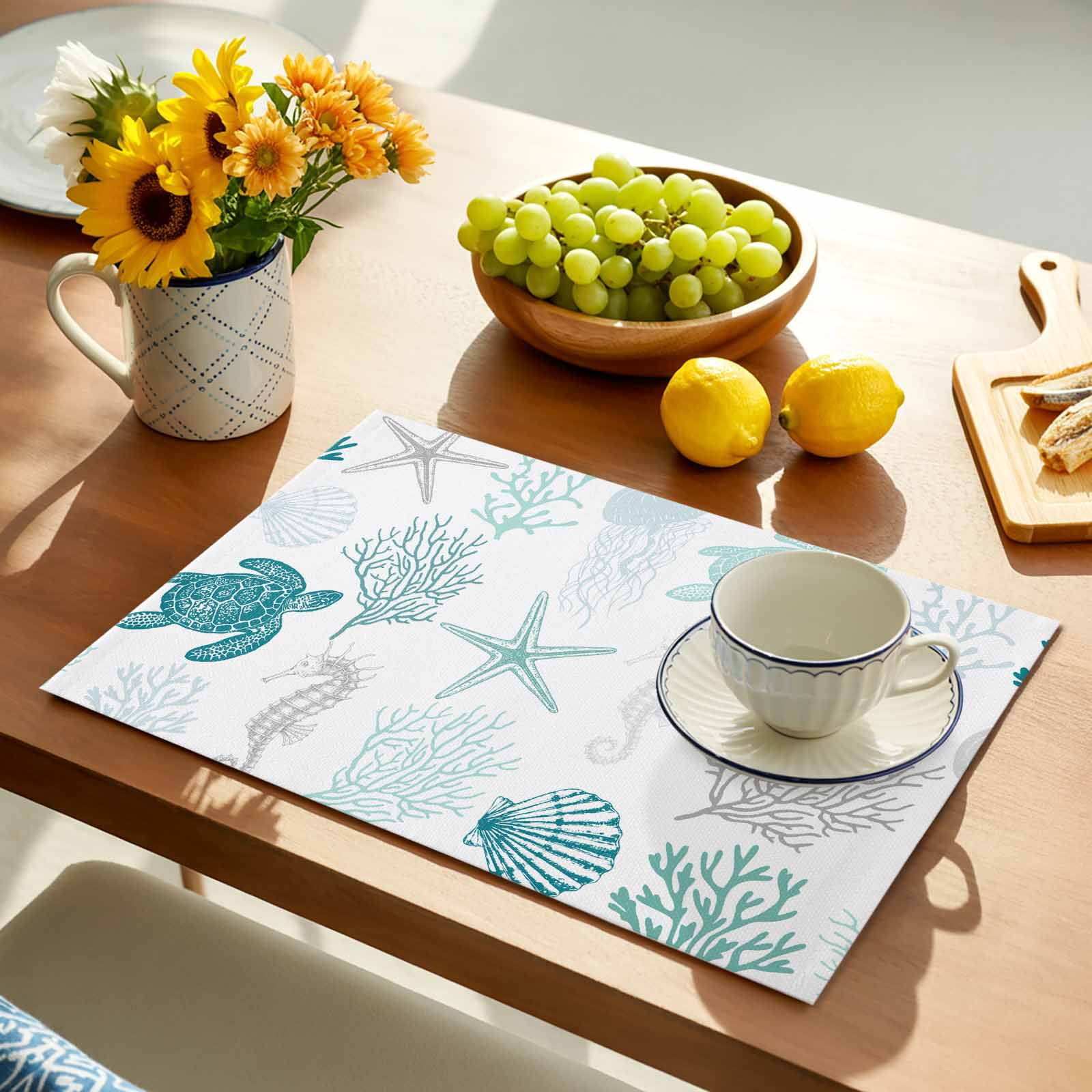 Summer Sea Turtle Seashells Placemats Set of 6, Coral Ocean Creature ...