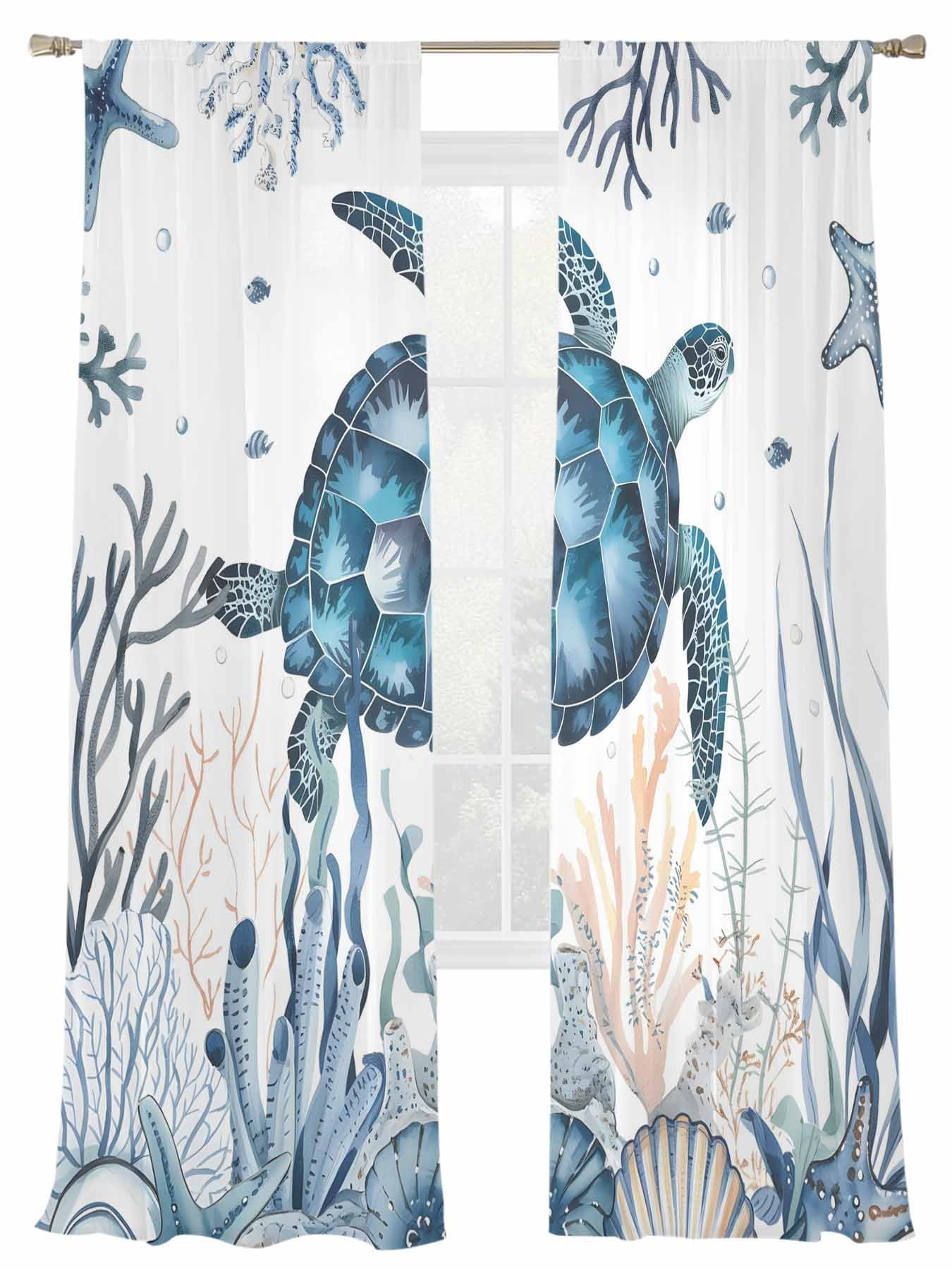 Summer Sea Turtle Sheer Curtains 84 Inch Length 2 Panels Set, Semi ...