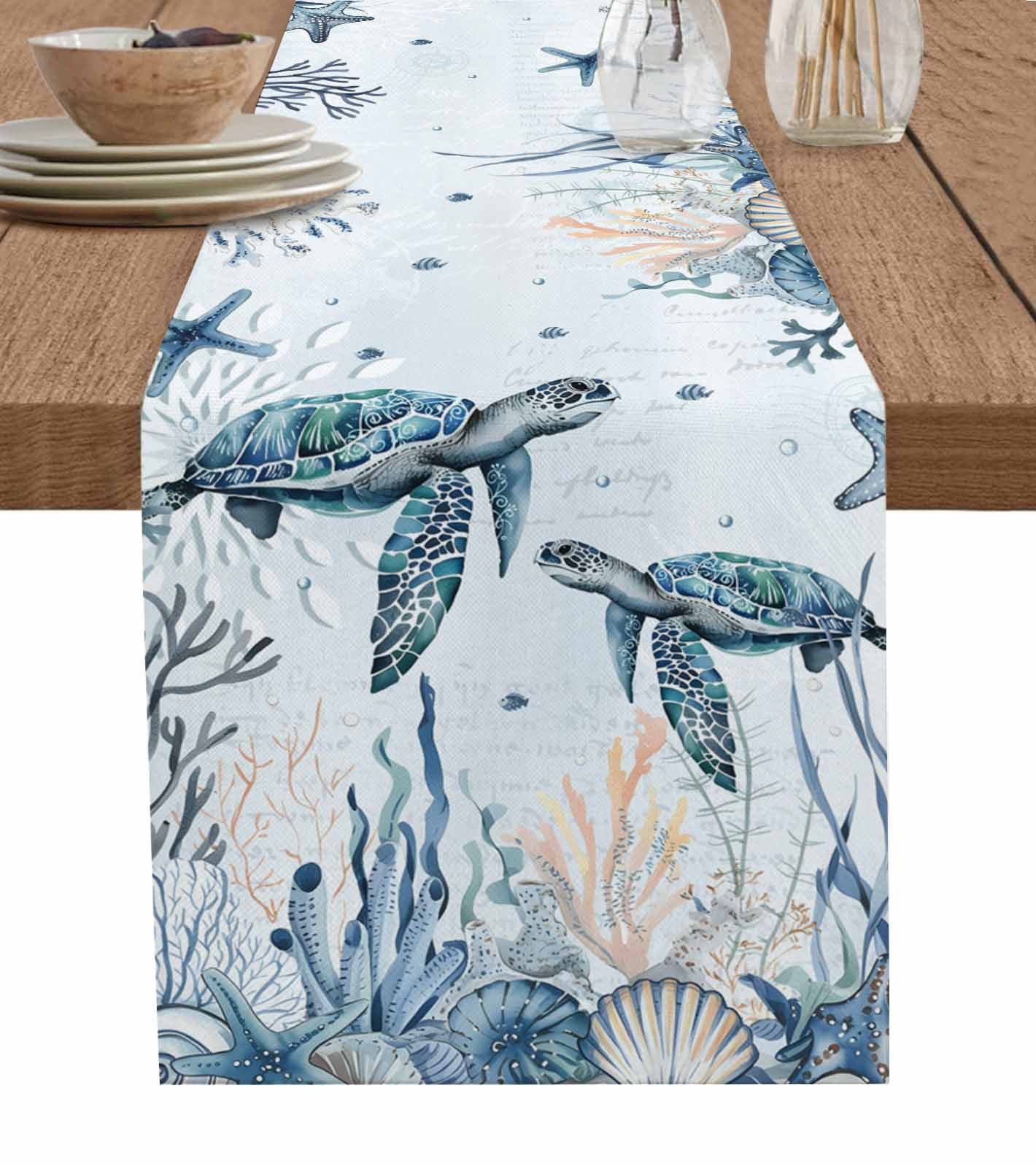 Summer Sea Turtle Table Runner 72 Inches, Ocean Coastal Coral Flower ...