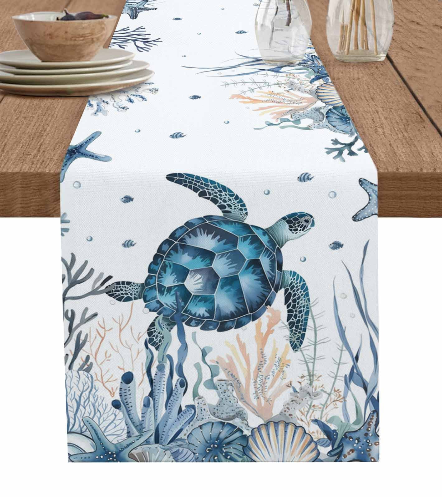 Summer Sea Turtle Table Runner Ocean Coastal Coral White Tablerunners ...