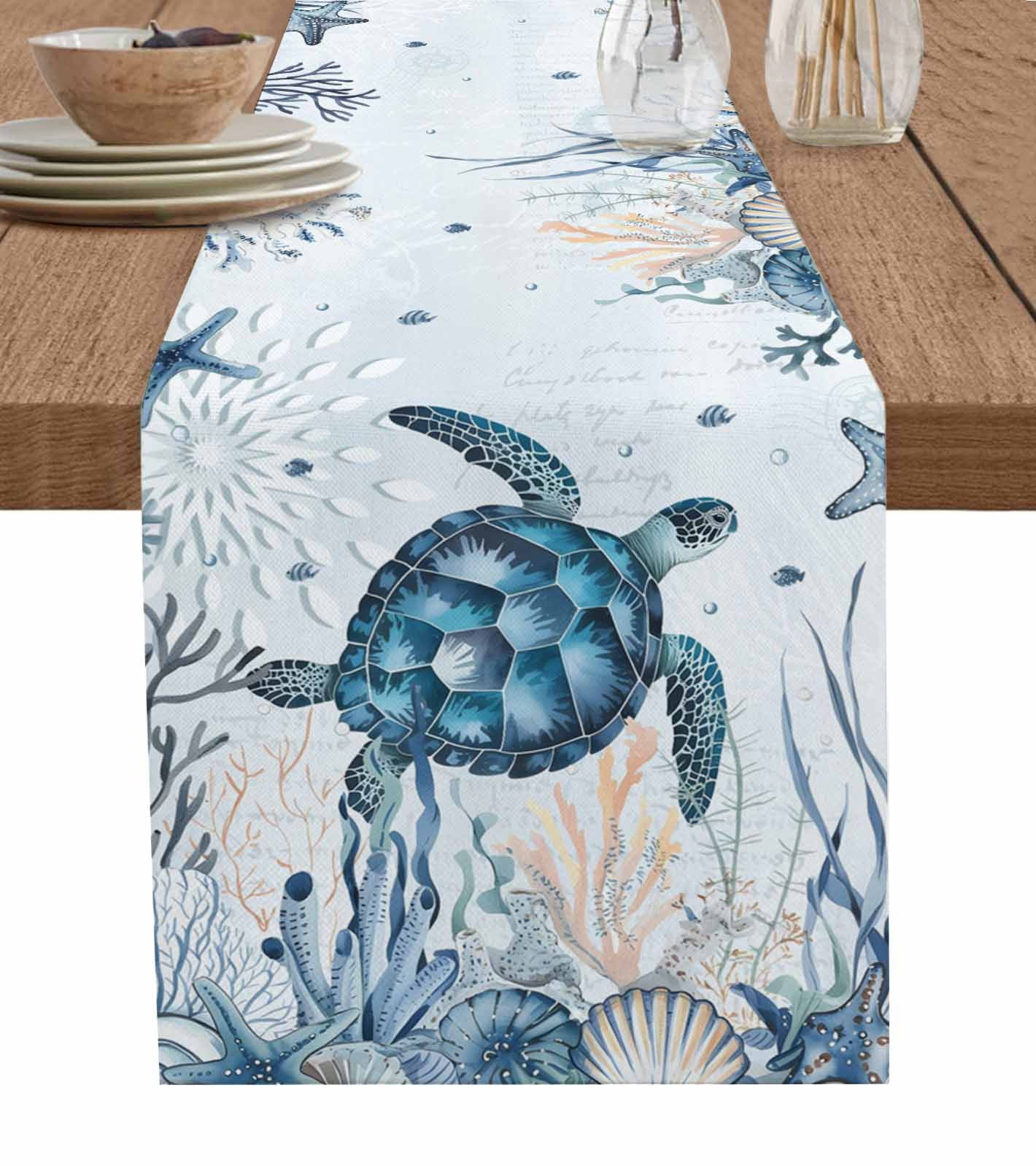 Summer Sea Turtle Table Runner Vintage Ocean Coastal Coral Flower ...