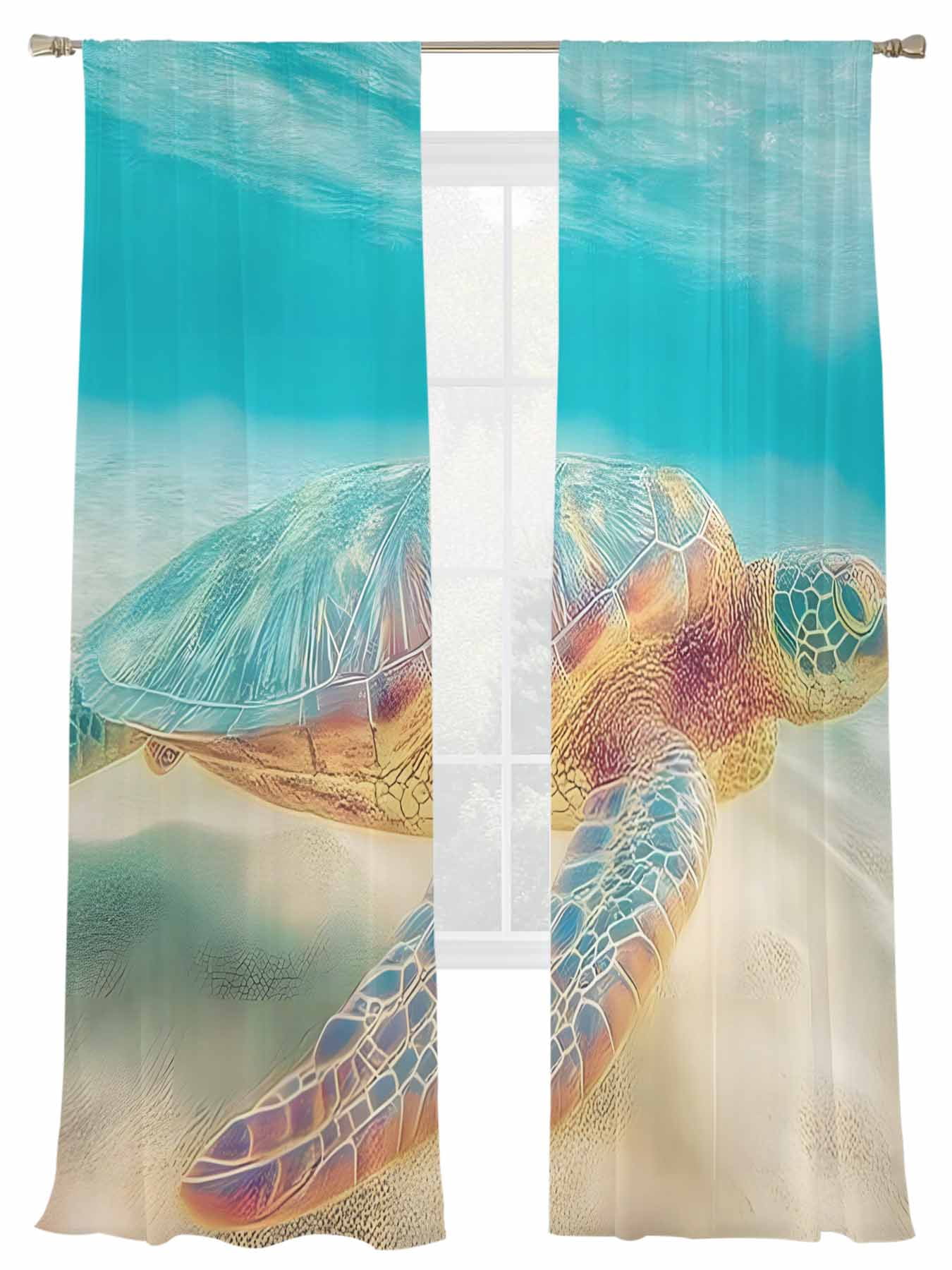 Summer Sea Turtles Sheer Curtains 96 Inch Long 2 Panels, Teal Blue ...