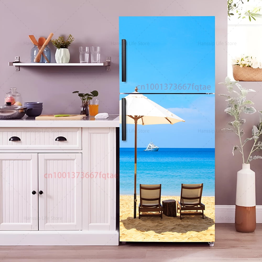 Summer Sea View Scenery Fridge Door Wrap Mural Cover Beach Chair Wall ...