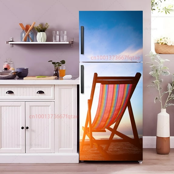 Summer Sea View Scenery Fridge Door Wrap Mural Cover Beach Chair Wall ...